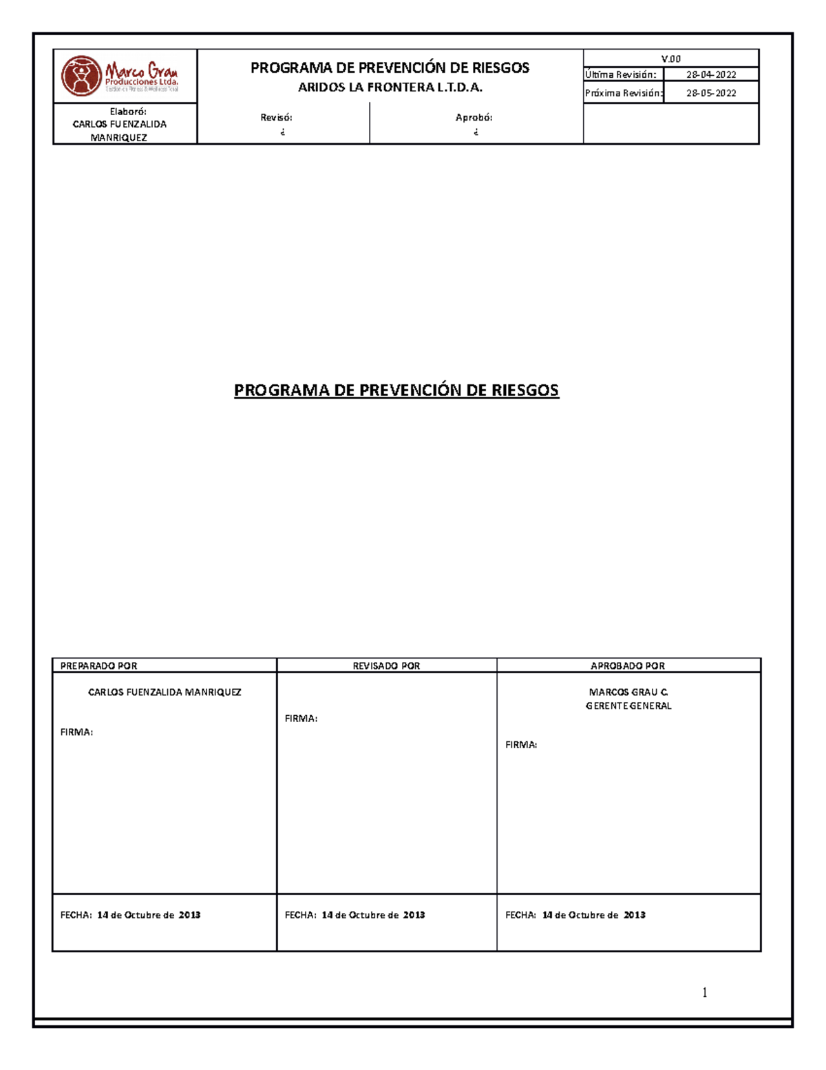 267550393 Programa de Prevencion de Riesgos - PROGRAMA DE PREVENCIÓN DE RIESGOS ARIDOS LA ...