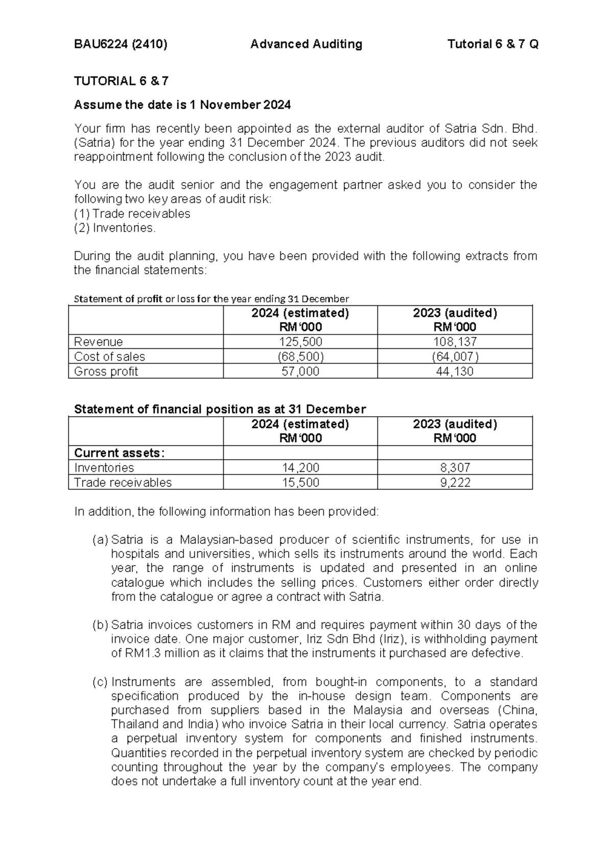 Tutorial 6 7 Q (2410) - BAU6224 (2410) Advanced Auditing Tutorial 6 & 7 ...