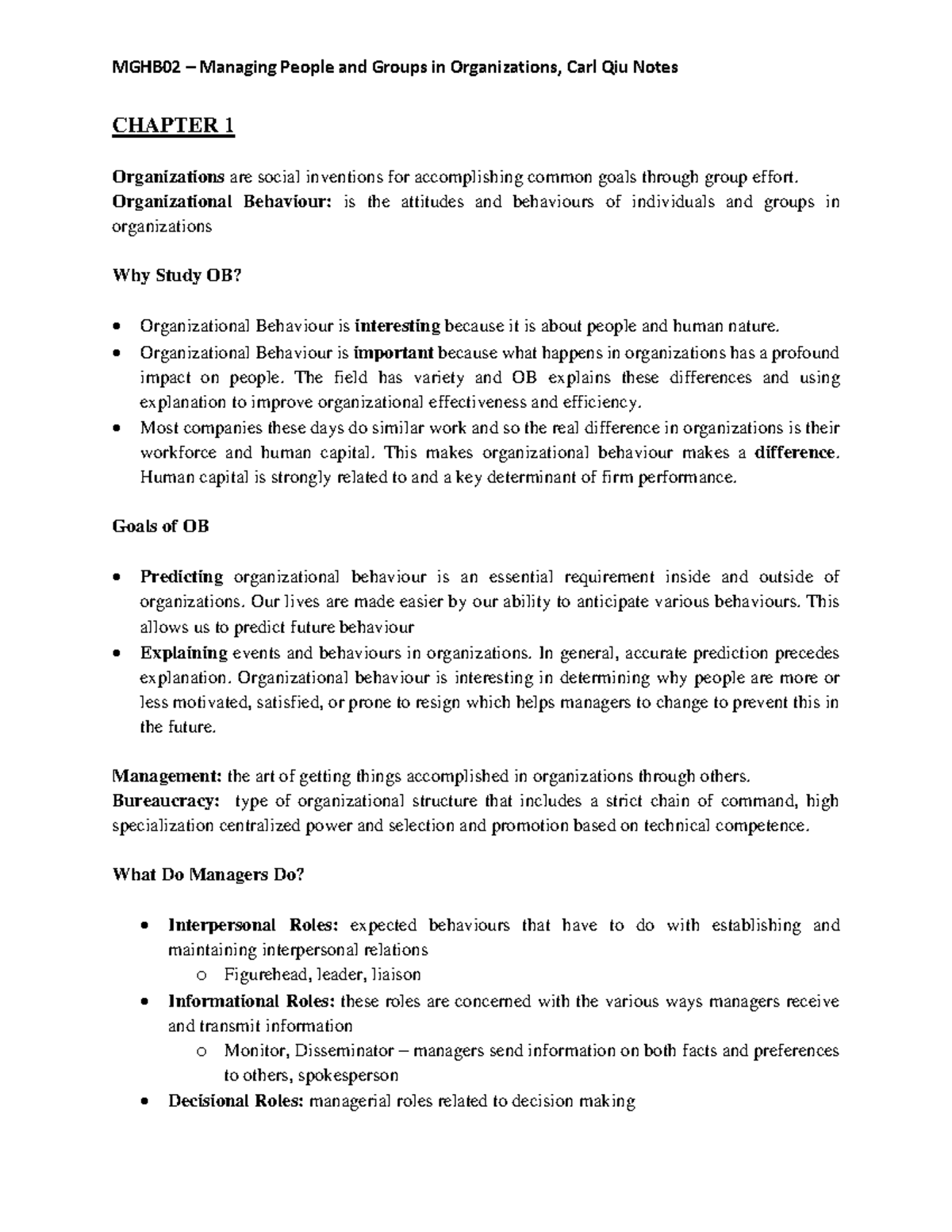 Organizational Behaviour Notes - CHAPTER 1 Organizations are social ...