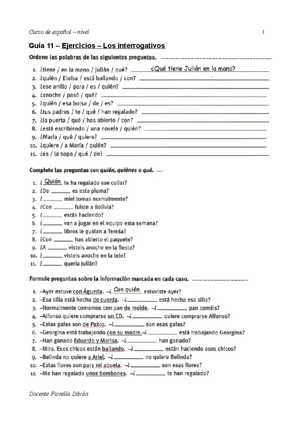 Ejercicios Interrogativos - Curso de español – nivel 1 Guía 11 ...