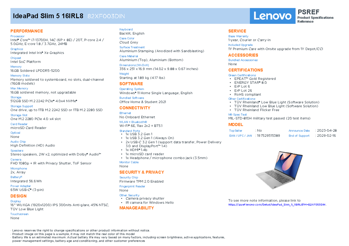 Idea Pad Slim 5 16IRL8 82XF003DIN - IdeaPad Slim 5 16IRL8 82XF003DIN ...