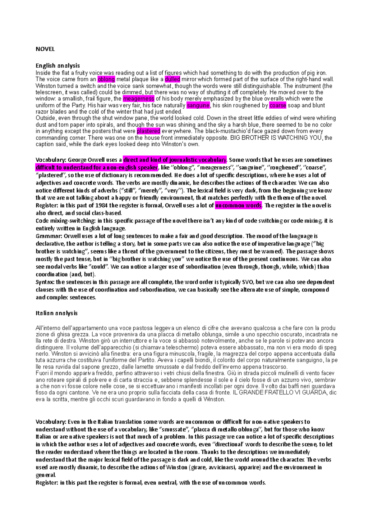 Passage of 1984 by George Orwell - Linguistic analysis - NOVEL English ...