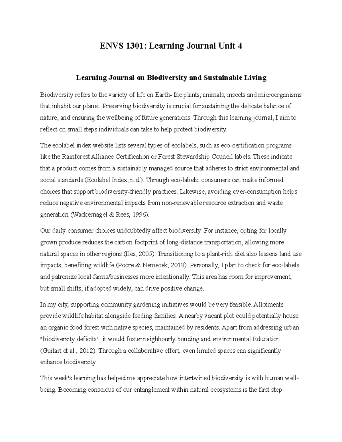 ENVS 1301- Learning Journal Unit 4 - Preserving biodiversity is crucial ...