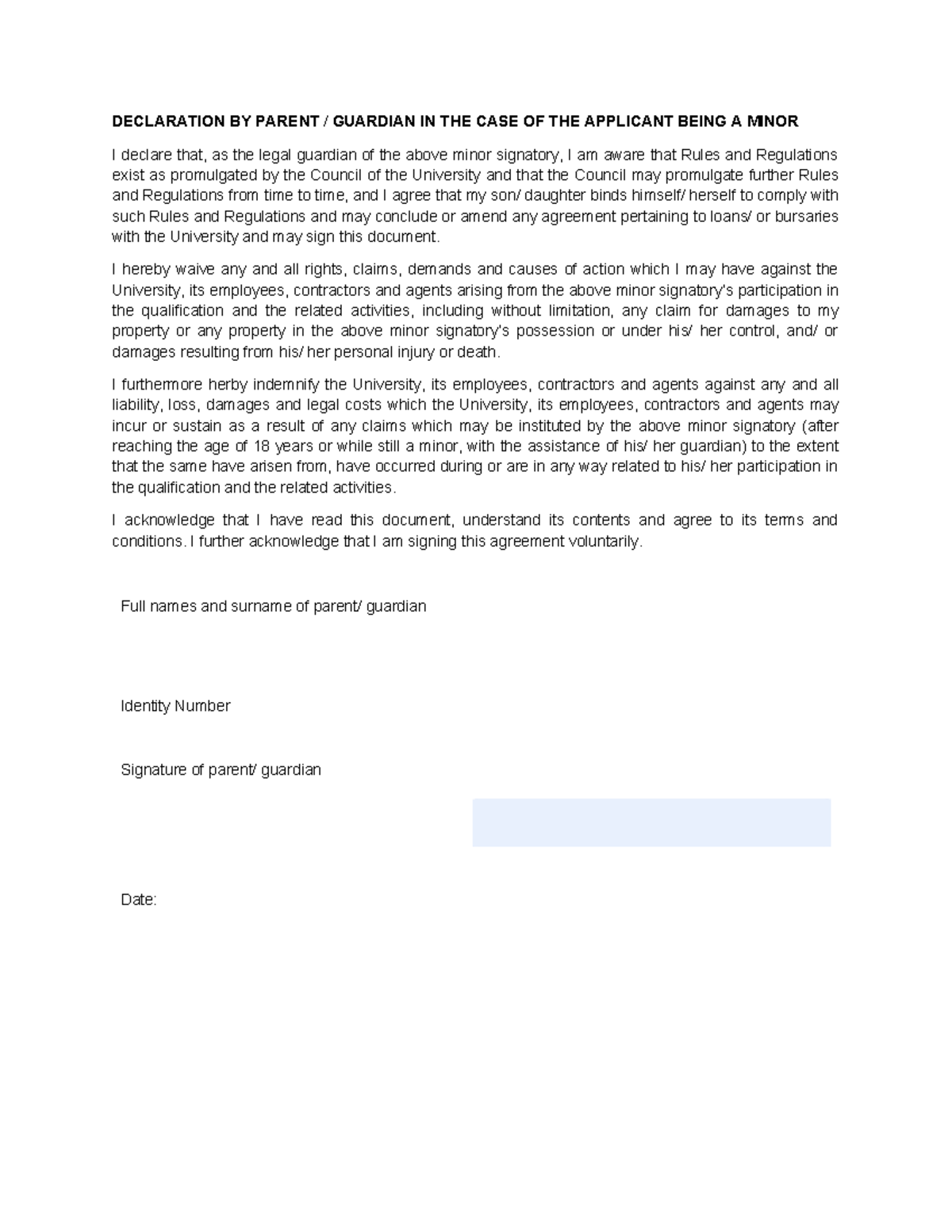 Declaration BY Parent FORM - DECLARATION BY PARENT / GUARDIAN IN THE ...