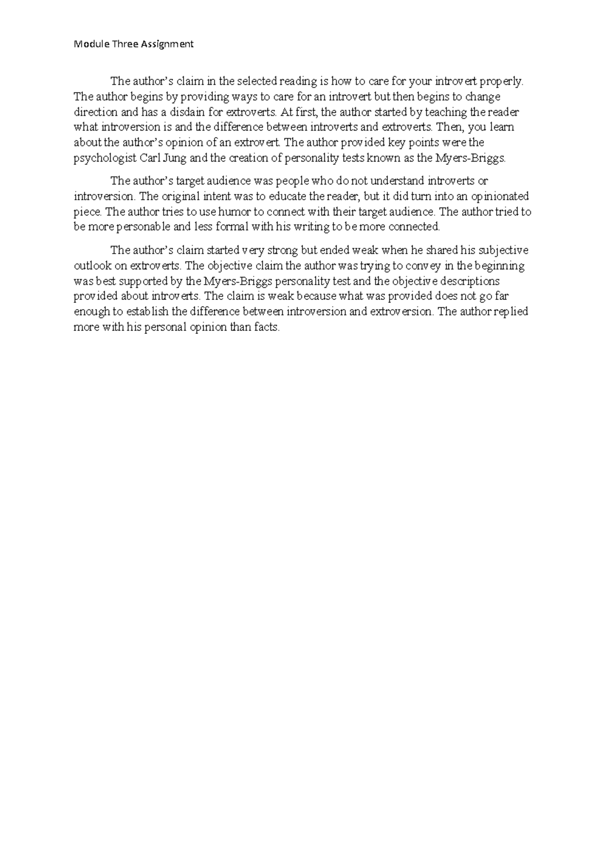 Module Three Assignment - The author begins by providing ways to care for an introvert but then ...
