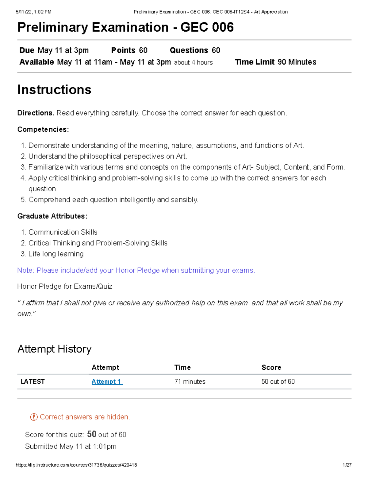 GEC 006 Prelim Exam - Preliminary Examination - GEC 006 Due May 11 at 3pm Points 60 Questions 60 ...