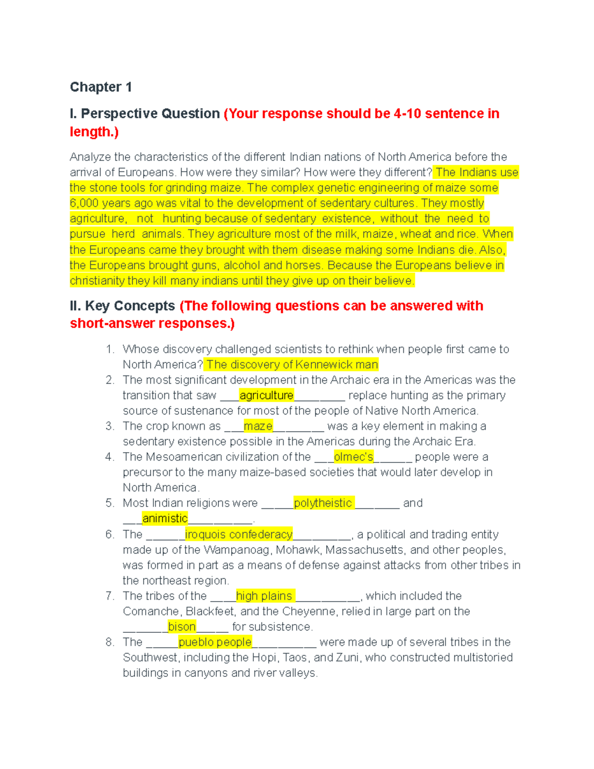 ch. 1 history 1301 - Chapter 1 I. Perspective Question (Your response should be 4-10 sentence in ...