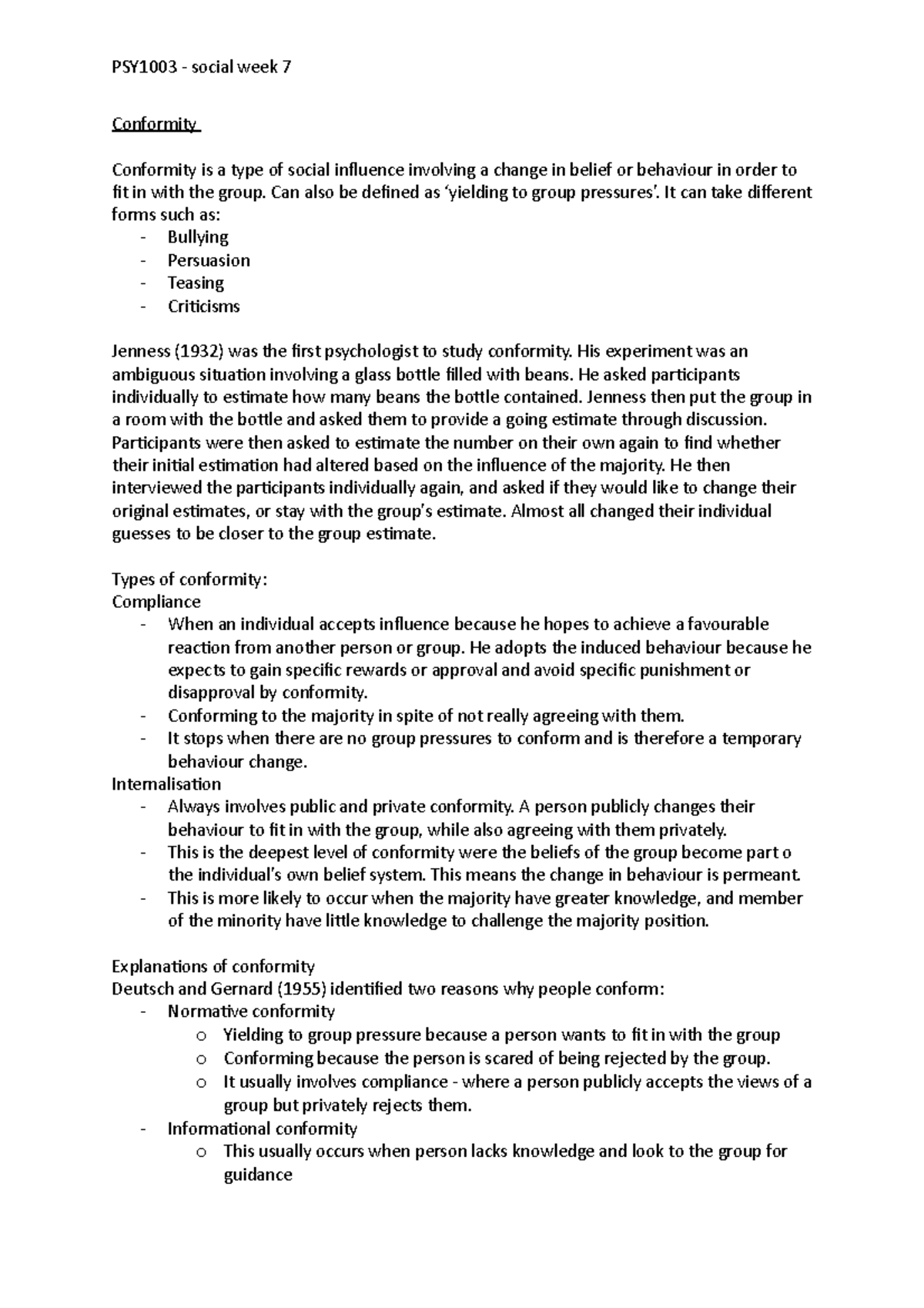 Conformity week 7 - week 7 - PSY1003 - social week 7 Conformity ...