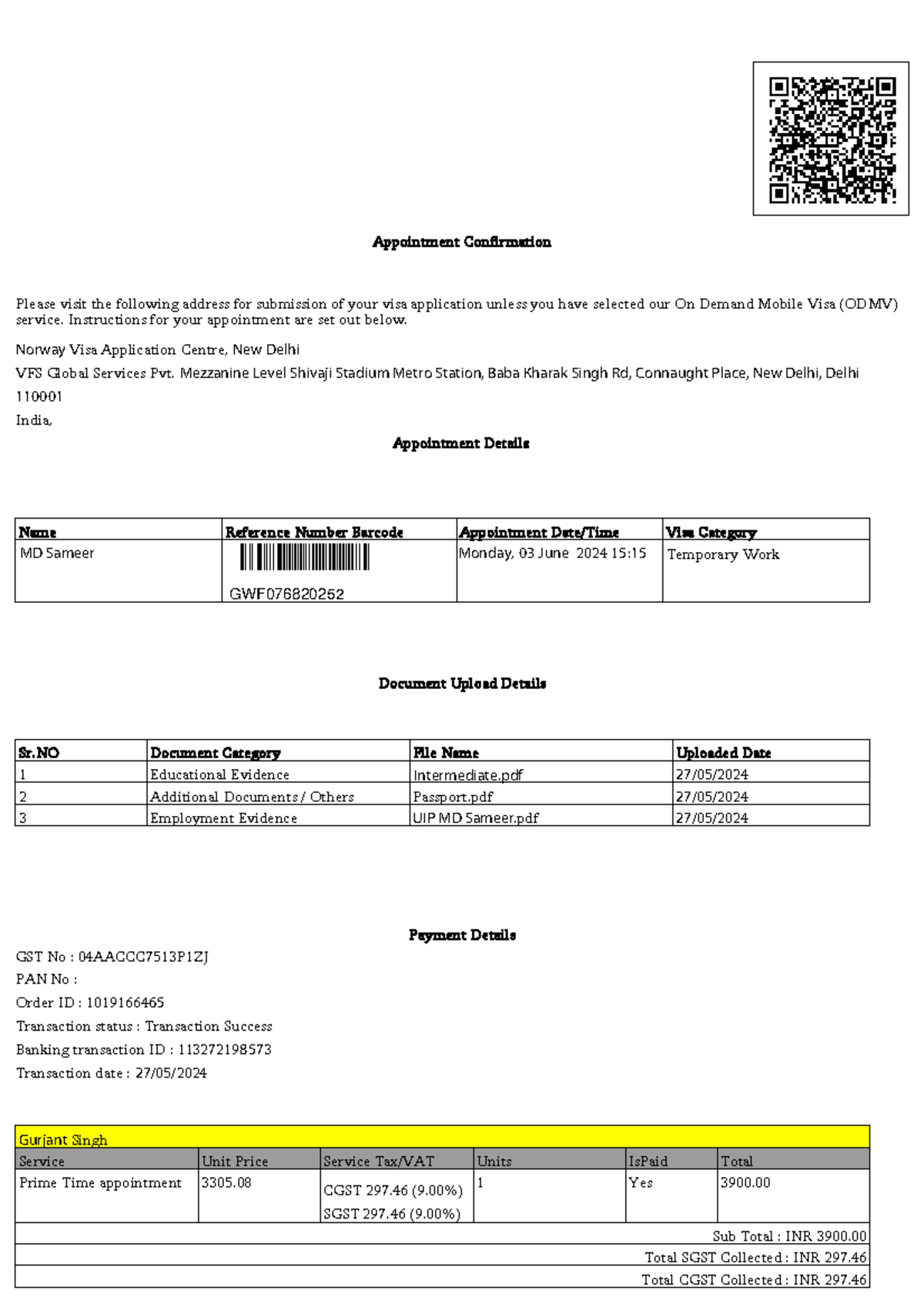 VFS Appointment-(MD Sameer)-2 - Appointment Confirmation Please visit ...