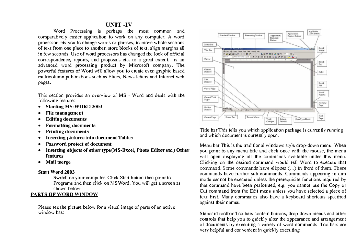 UNIT IV Notes - fundamentals of computer - UNIT -IV Word Processing is ...