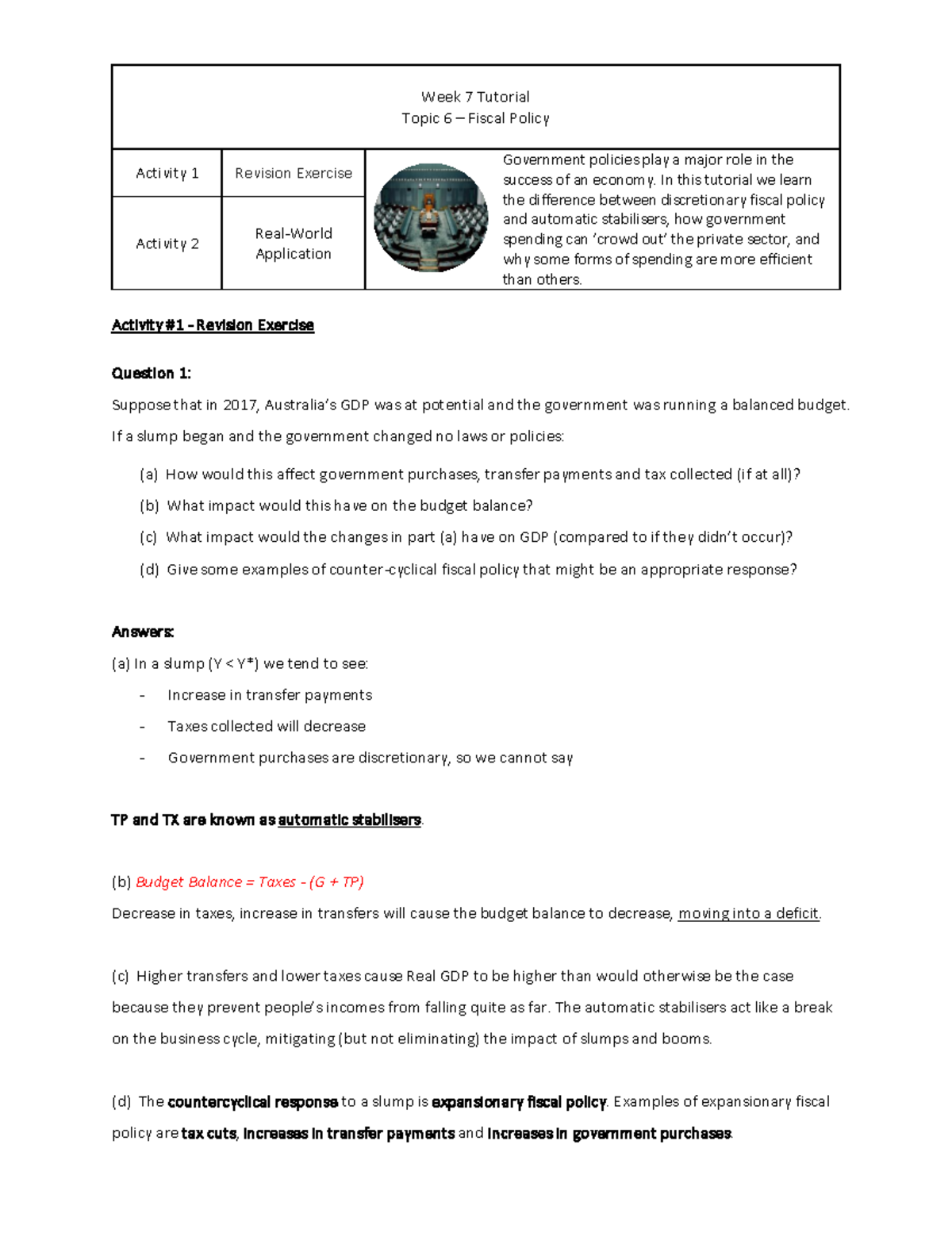 1020 Tutorials 6 Answers - Week 7 Tutorial Topic 6 – Fiscal Policy Activity 1 Revision Exercise ...