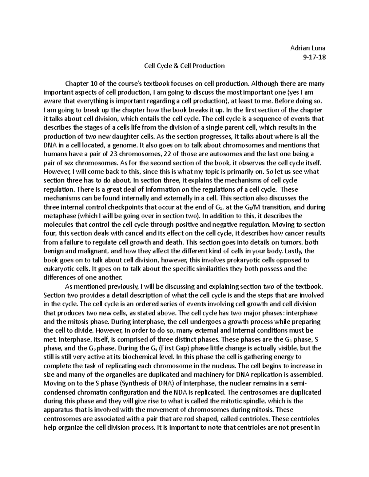 Cell Cycle - Summary Biology - Adrian Luna Cell Cycle Cell Production ...
