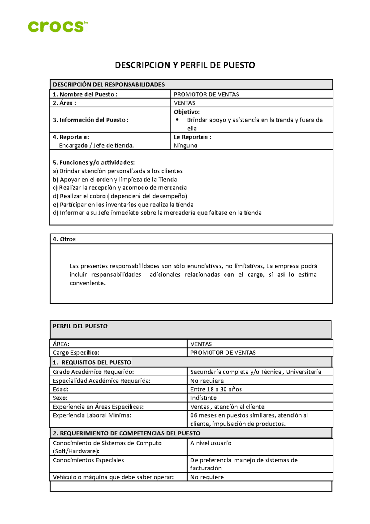 Perfiles y Descripcion Promotor DE Ventas - DESCRIPCION Y PERFIL DE ...