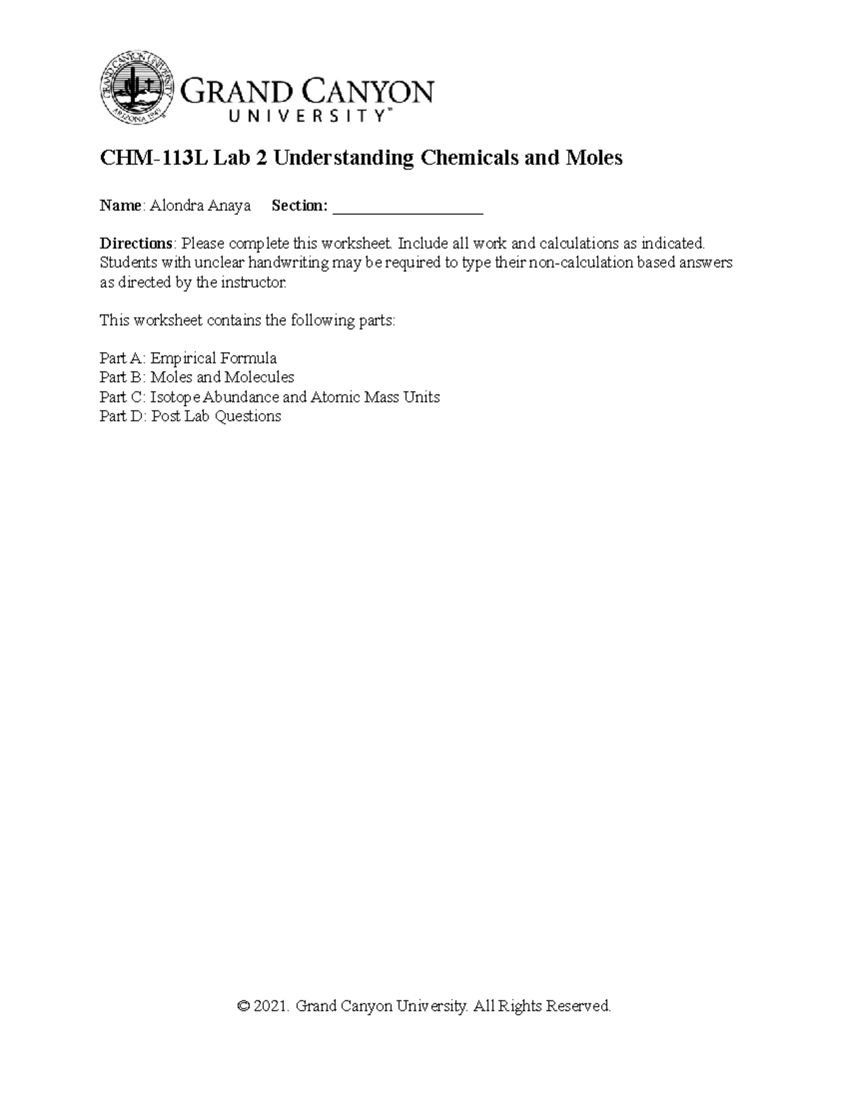 CHM-113L WS-2 Understanding Chemicals And Moles - CHM-113L Lab 2 ...
