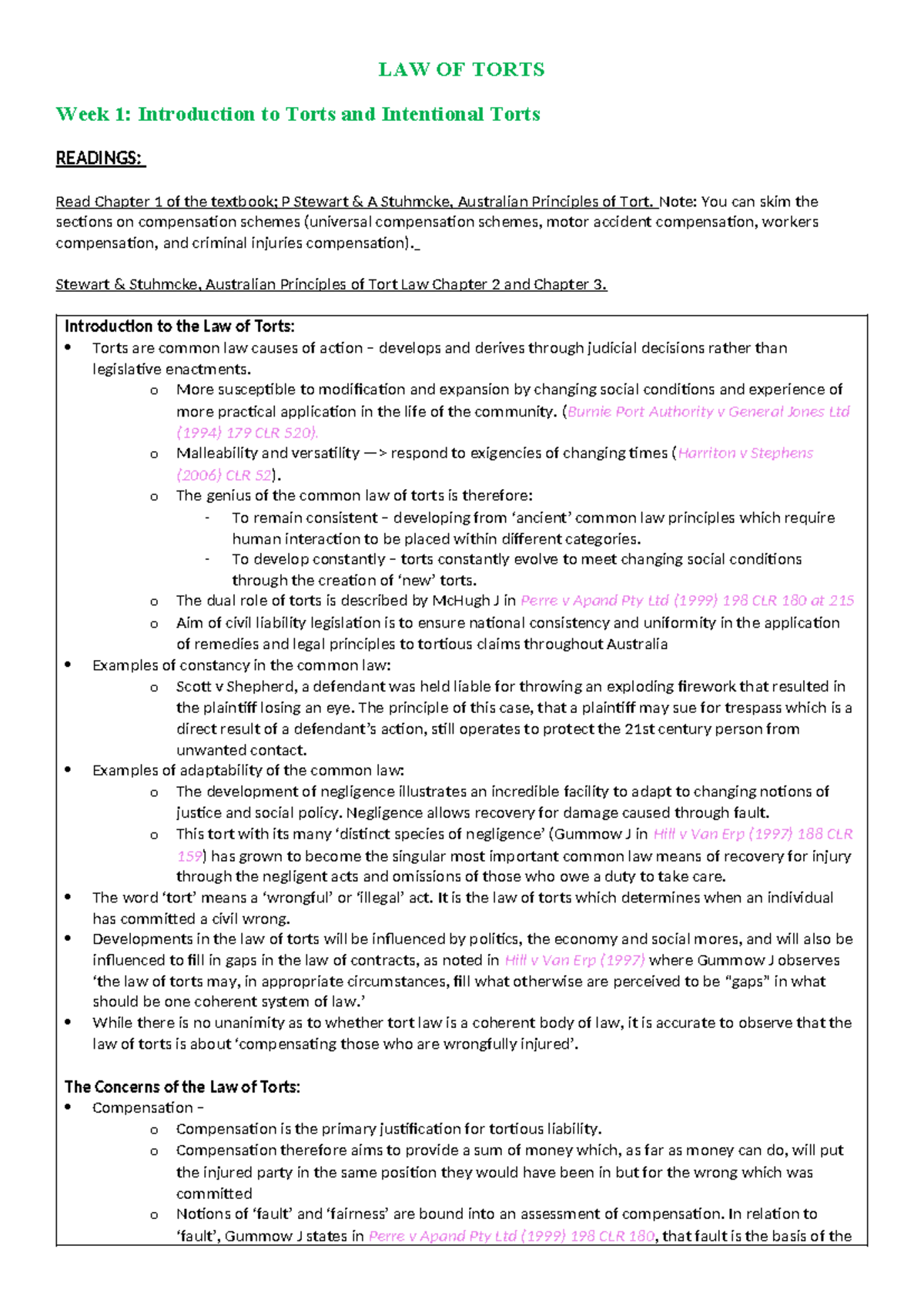Torts Notes - LAW OF TORTS Week 1: Introduction to Torts and ...