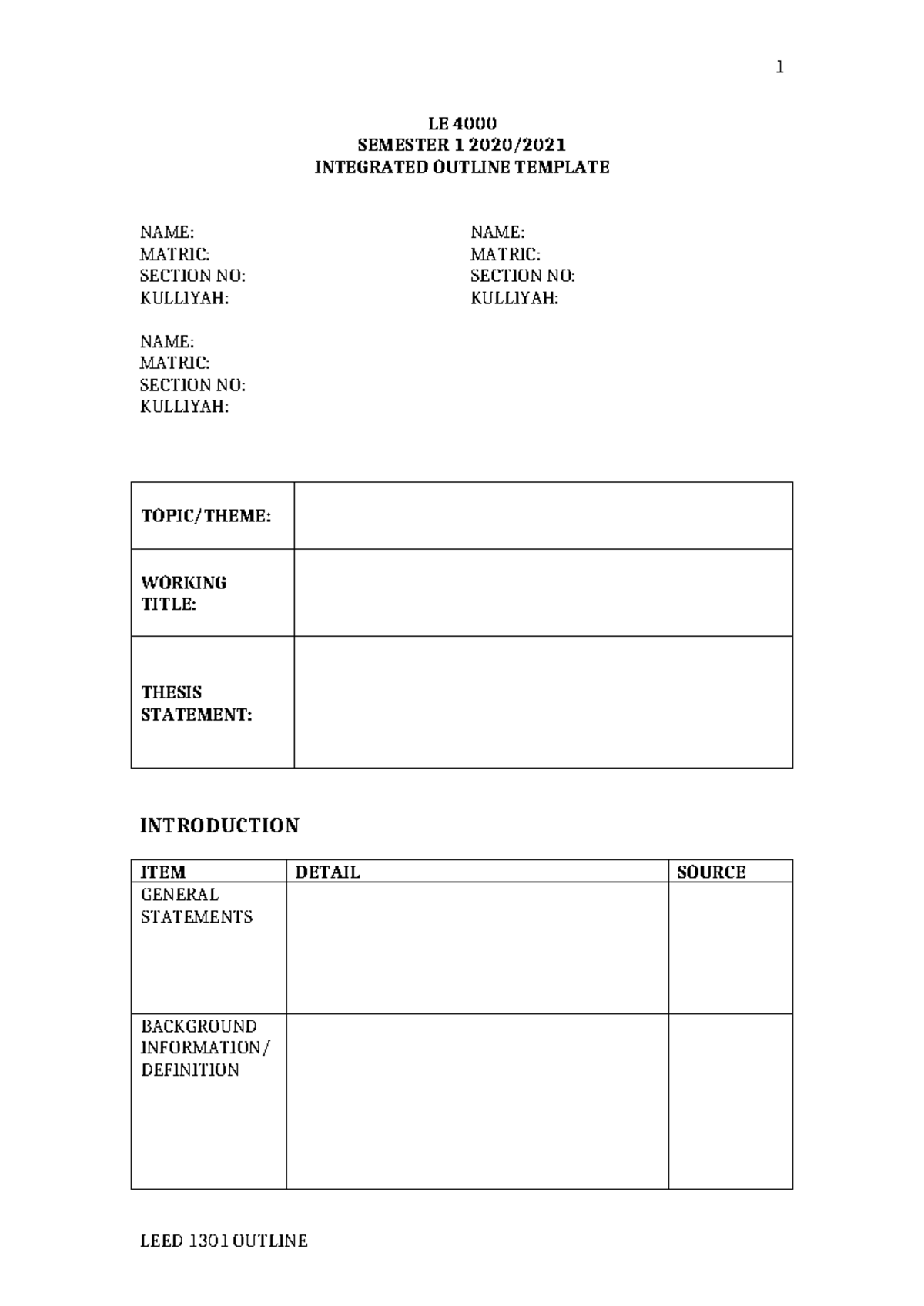 Essay Outline Template - LE 4000 SEMESTER 1 2020/ INTEGRATED OUTLINE ...
