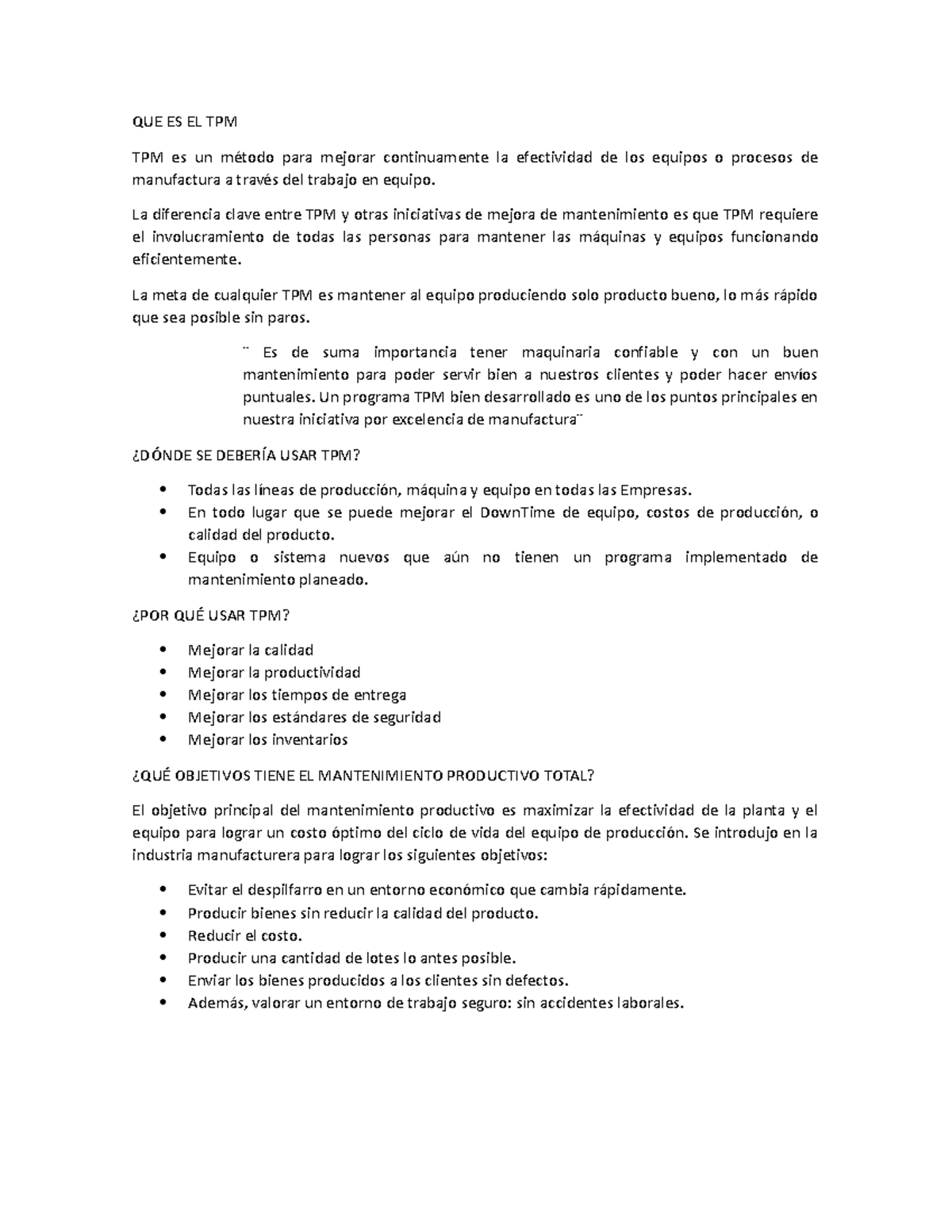 QUE ES EL TPM - repaso - QUE ES EL TPM TPM es un método para mejorar ...