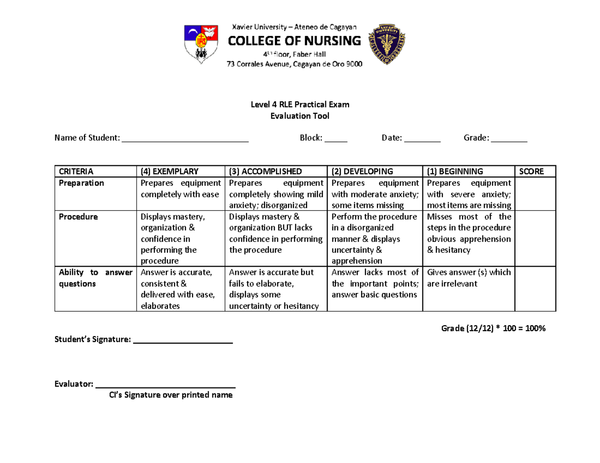 Practical Exam Rubric - Level 4 RLE Practical Exam Evaluation Tool Name ...