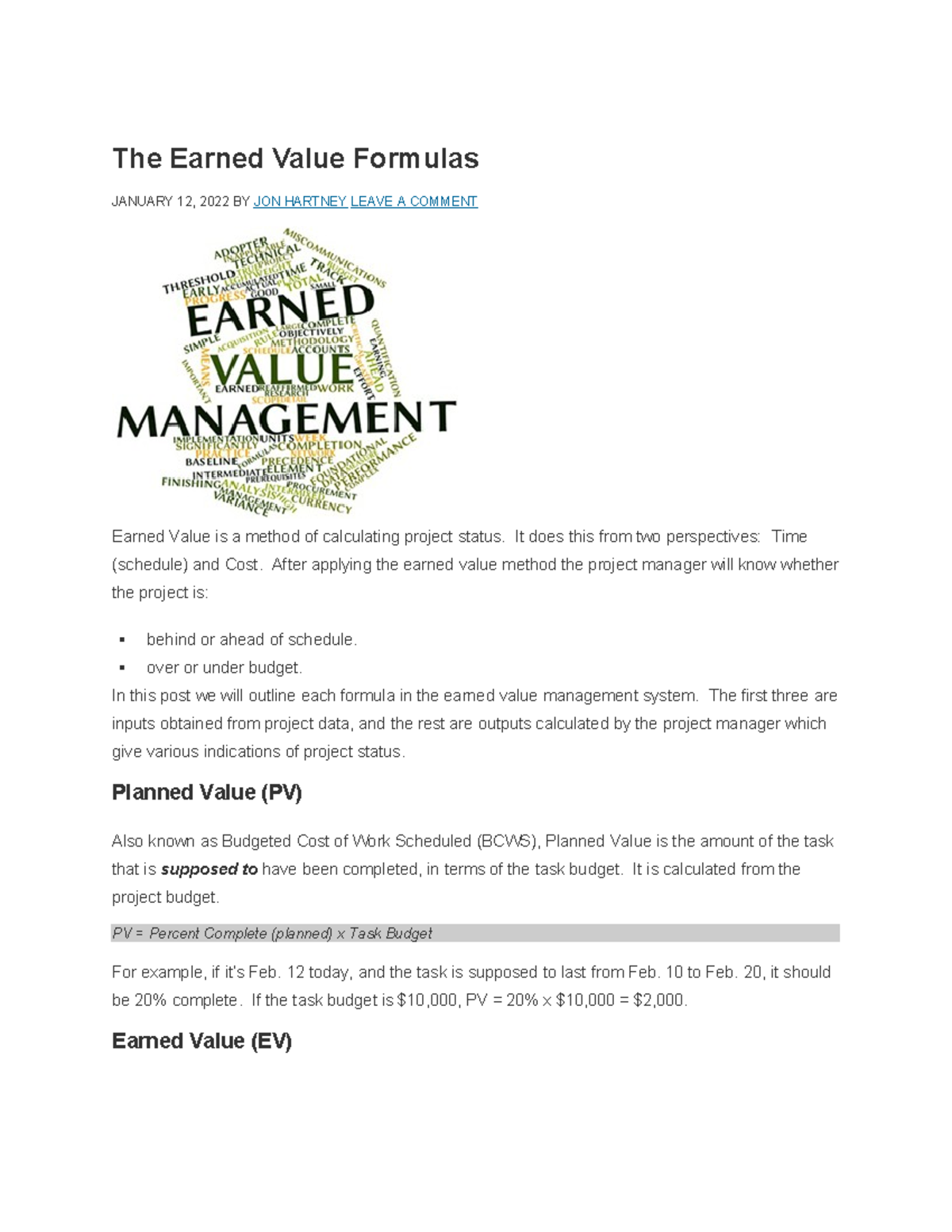 The Earned Value Formulas - The Earned Value Formulas JANUARY 12, 2022 BY JON HARTNEY LEAVE A ...