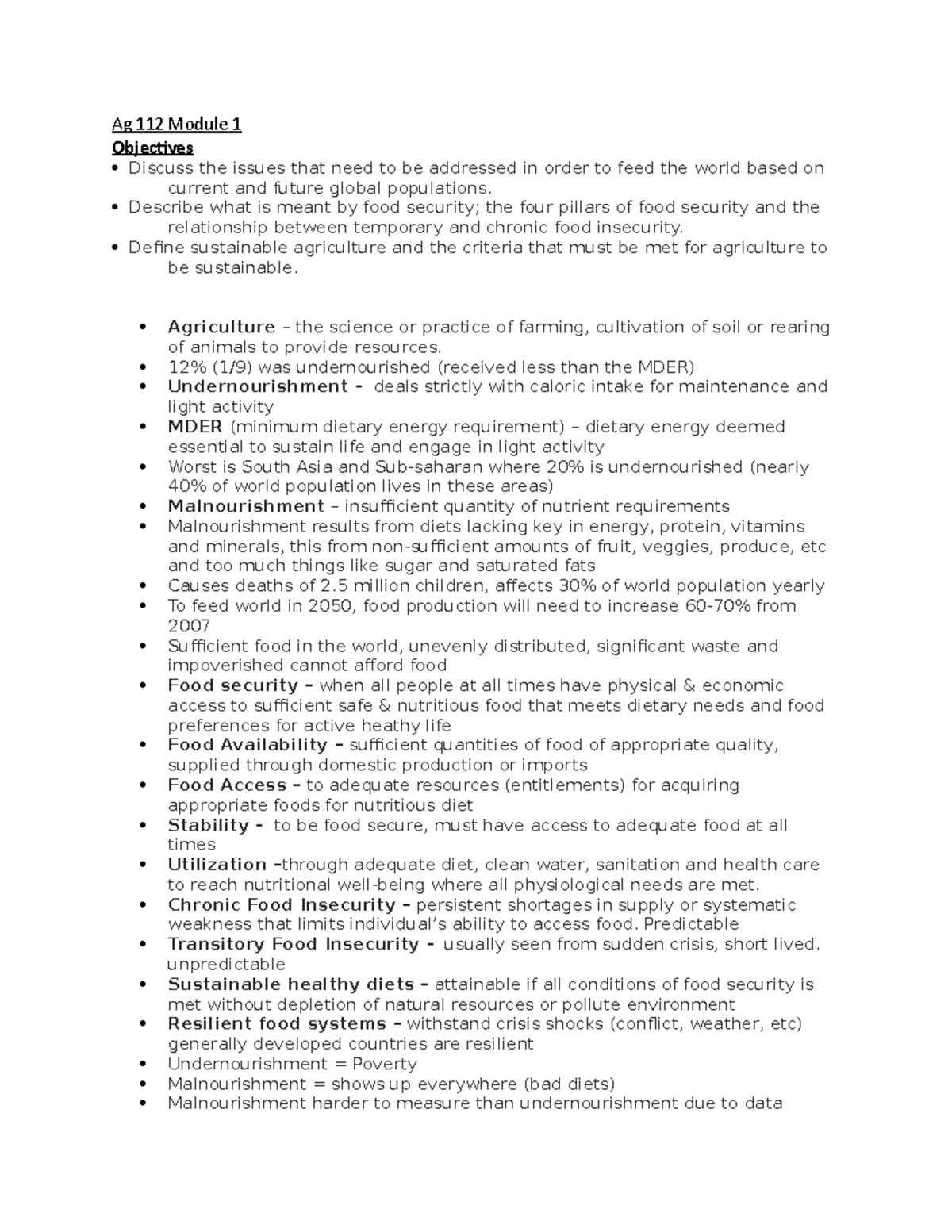 Module 1 - Mod 1 notes - Ag 112 Module 1 Objectives Discuss the issues ...