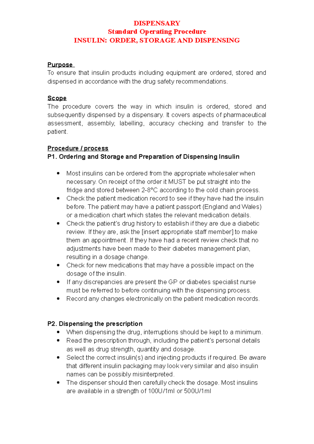 Insulin-SOP - Insulin SOP - Standard Operating Procedure INSULIN: ORDER ...
