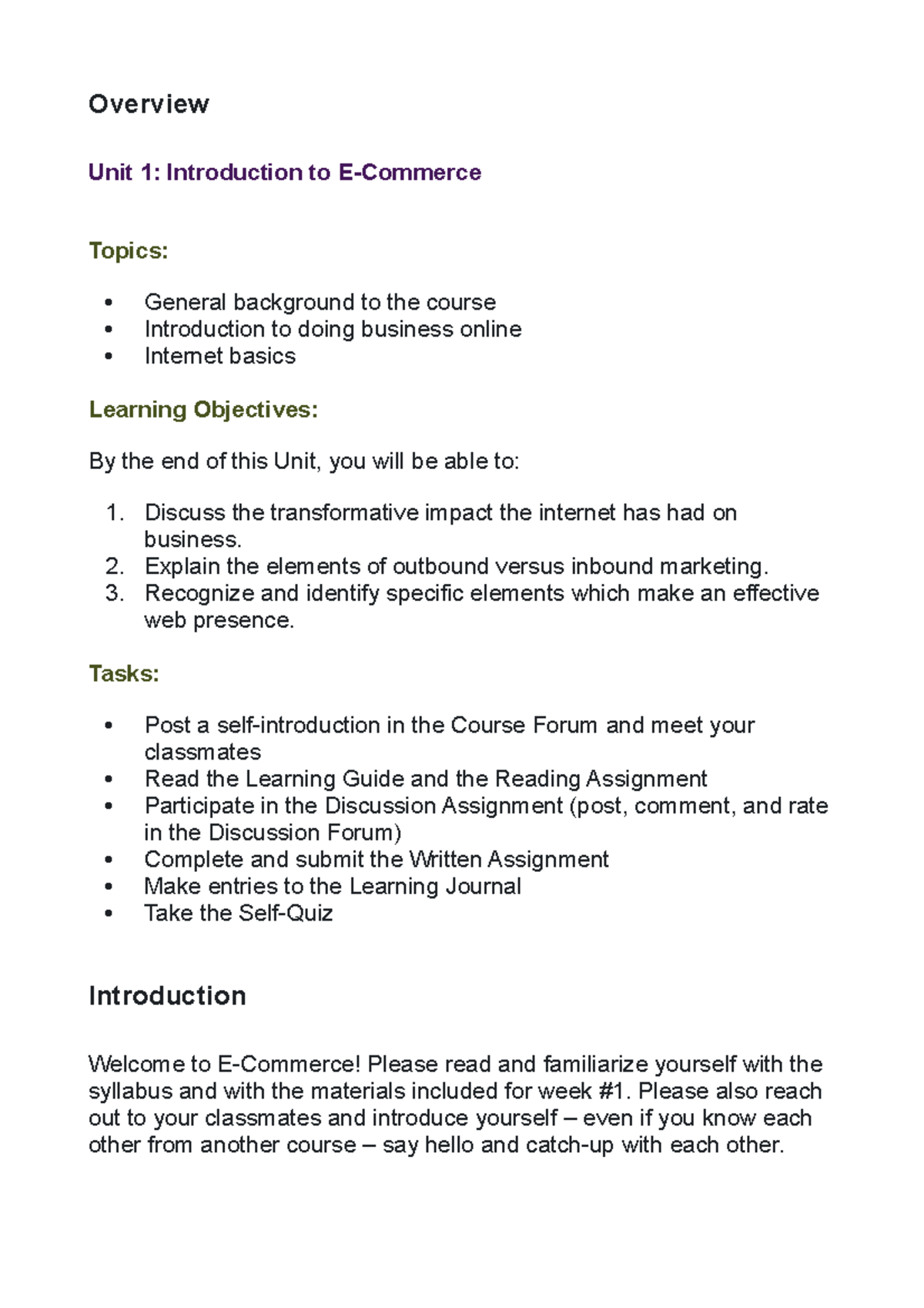 BUS 2202 Learning guide - Overview Unit 1: Introduction to E-Commerce Topics: - General ...
