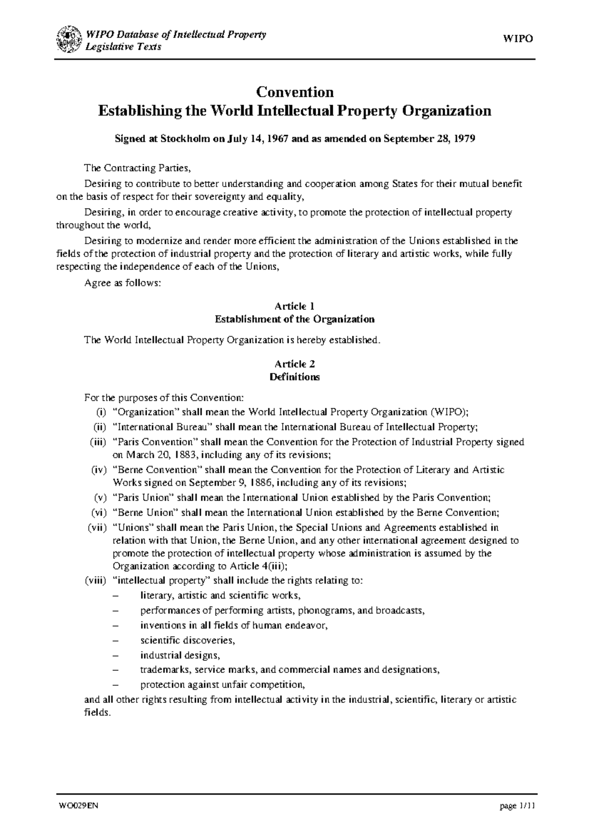 WIPO Database - Intellectual property - Legislative Texts Convention ...