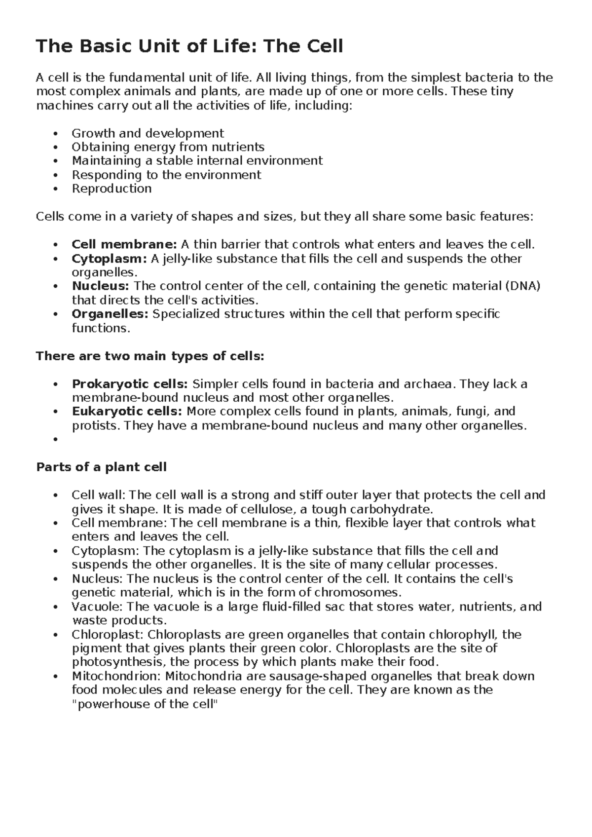 Board notes cells - The Basic Unit of Life: The Cell A cell is the ...