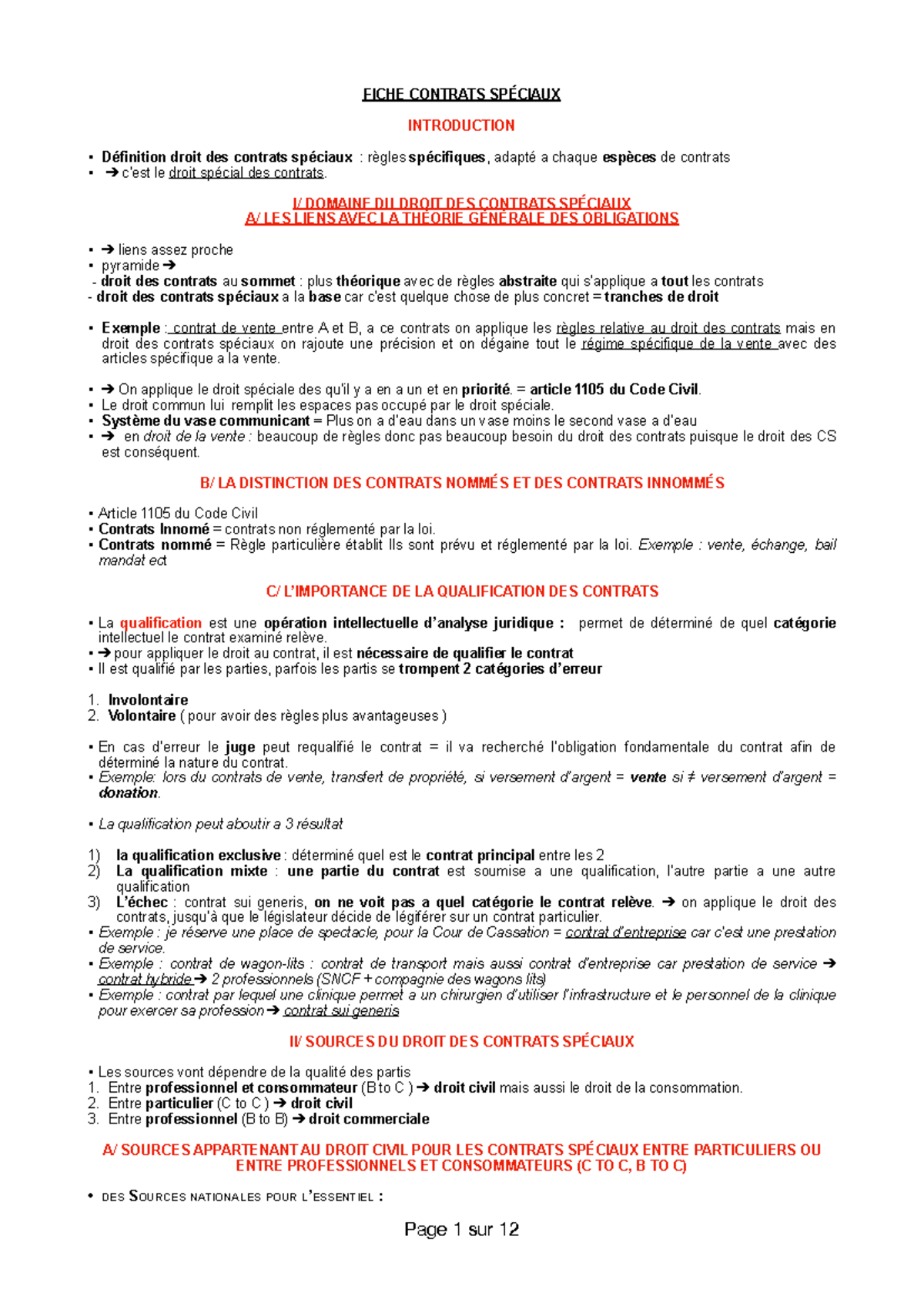 Fiche CS - FICHE CONTRATS SPÉCIAUX INTRODUCTION Définition droit des ...