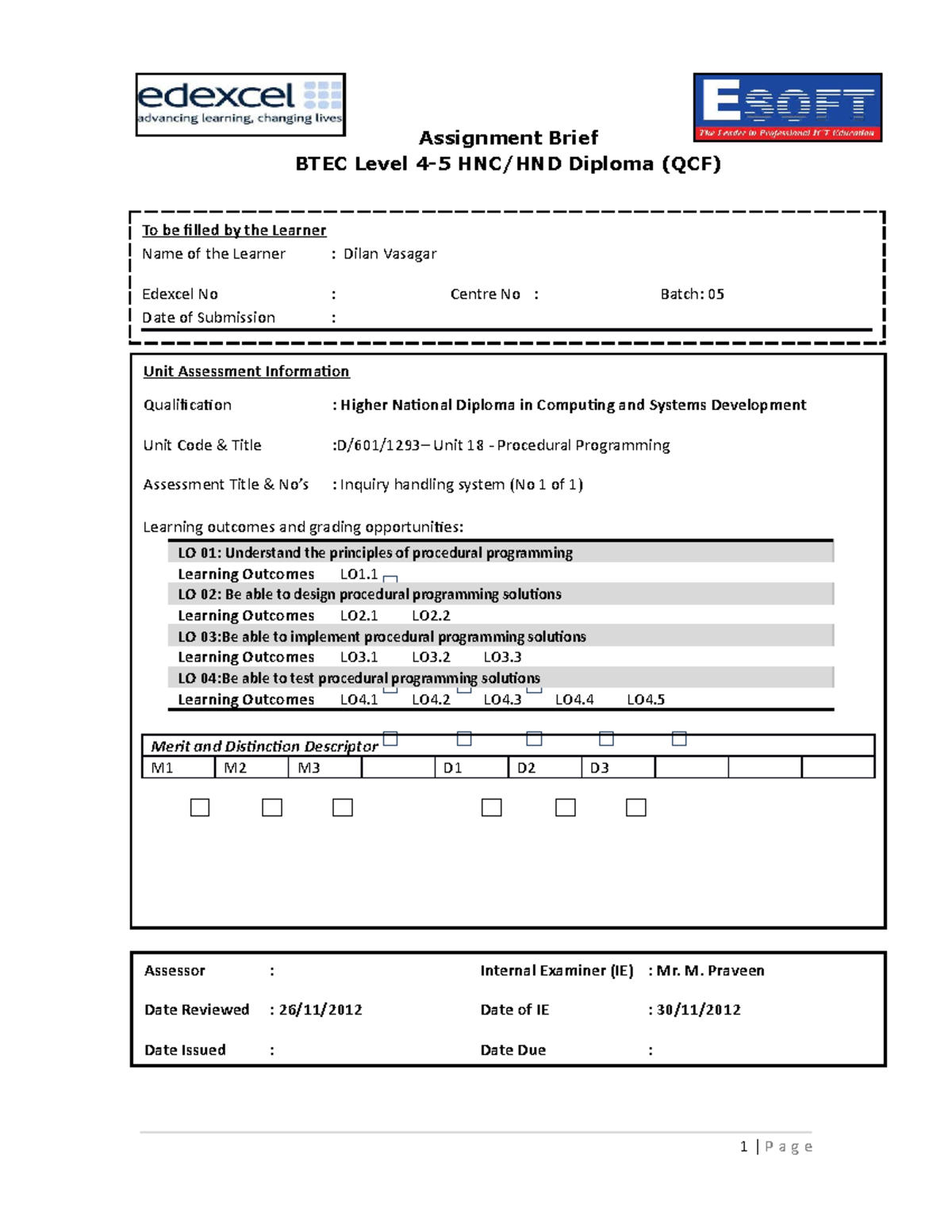 PP Fina - Read for more - Assignment Brief BTEC Level 4-5 HNC/HND Diploma (QCF) To be filled by ...