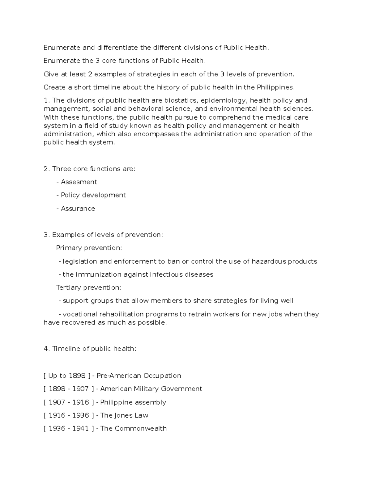 Intro to public health - Enumerate and differentiate the different ...