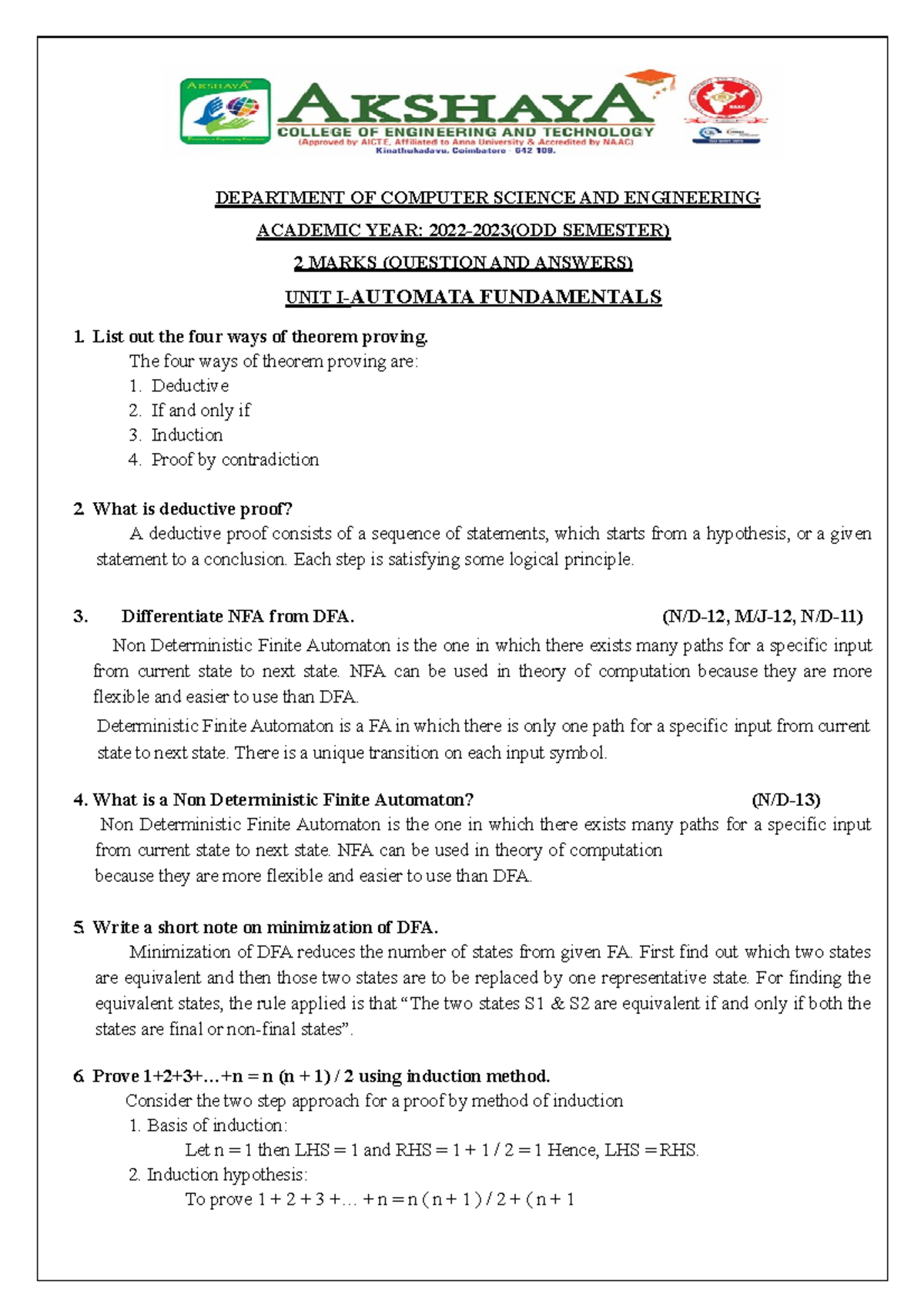 2 marks - Nil - DEPARTMENT OF COMPUTER SCIENCE AND ENGINEERING ACADEMIC YEAR: 2022-2023(ODD ...