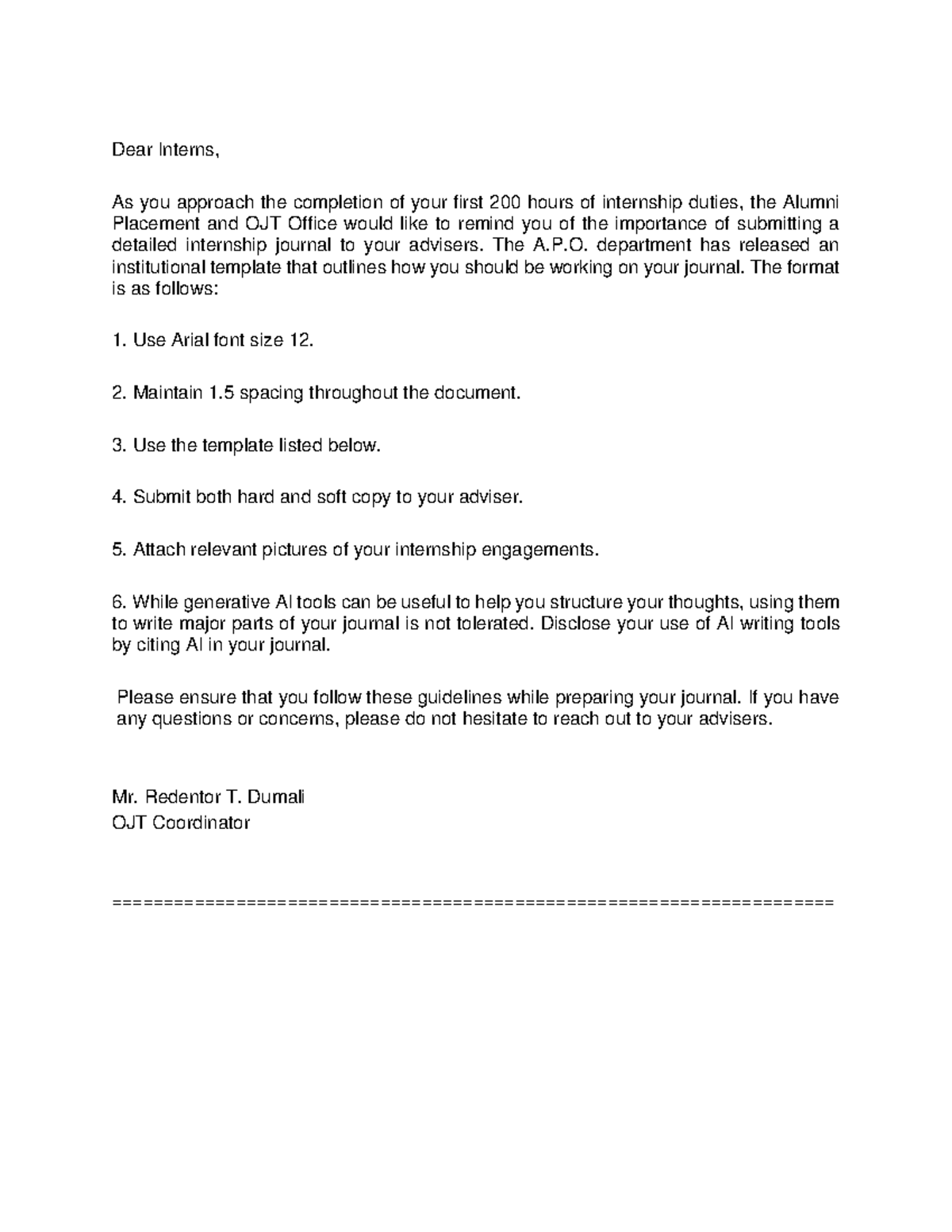 Internship journal format - Dear Interns, As you approach the ...