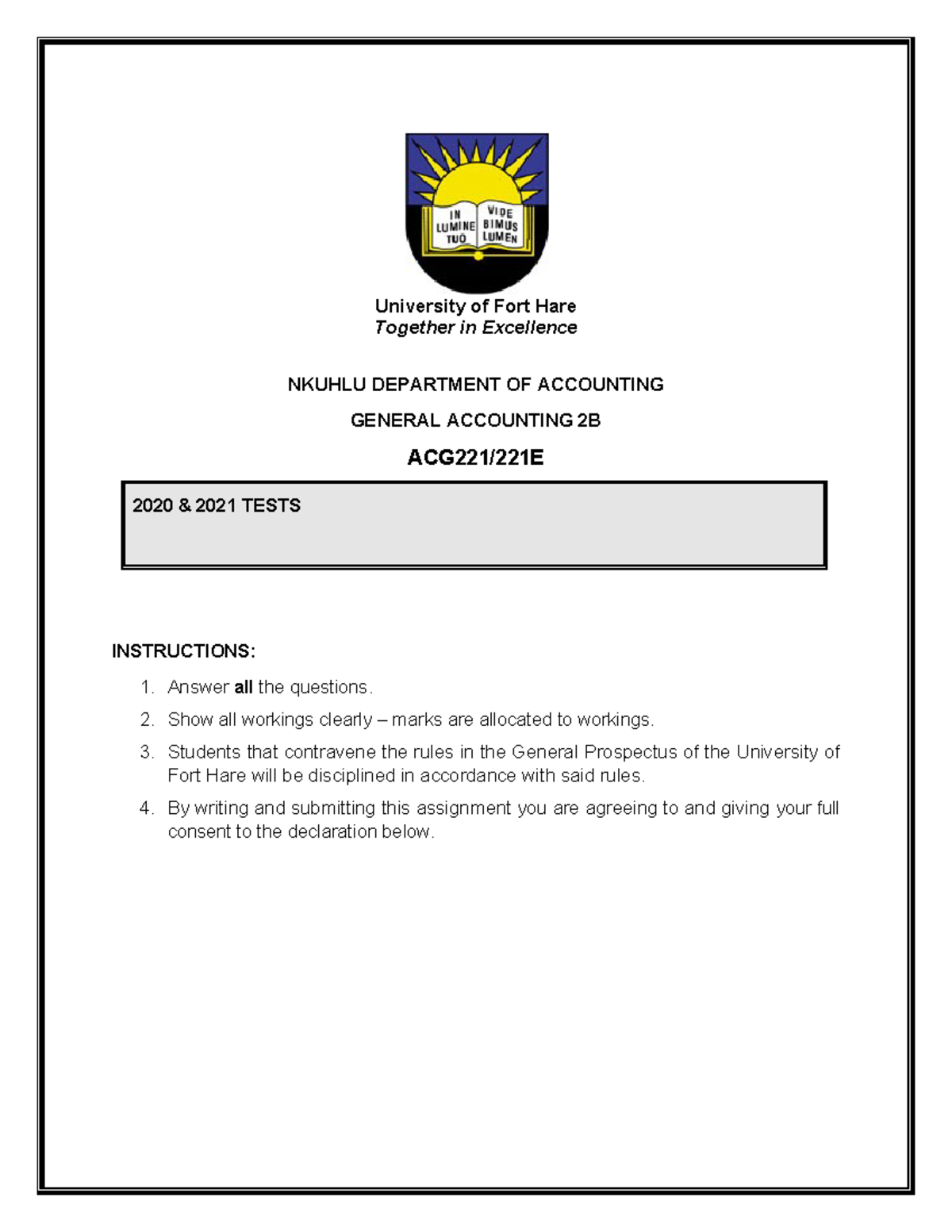 2020 2021 ACG221 TUT Tests - University of Fort Hare Together in ...