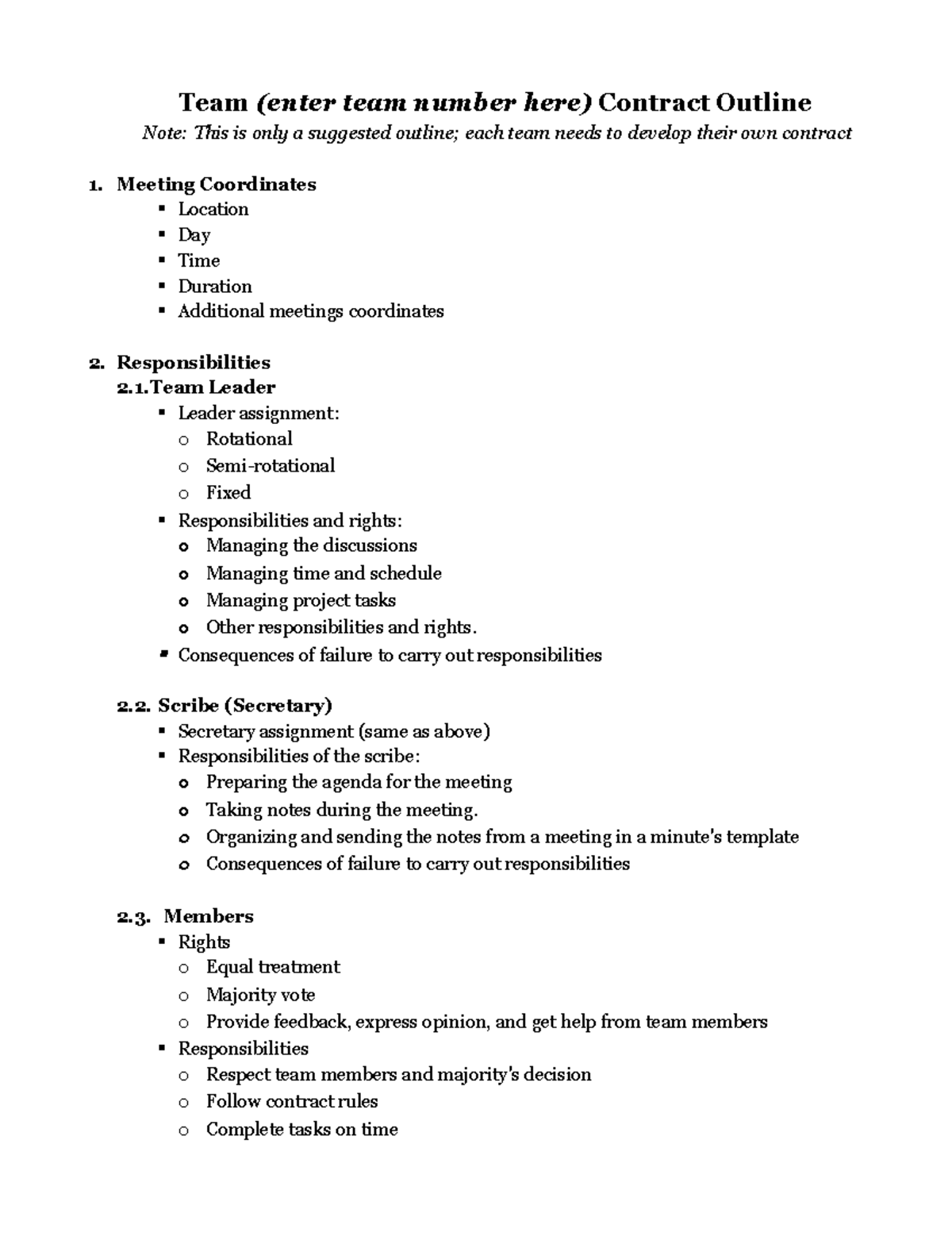 Team Contract Outline helps you for the project to make the team ...