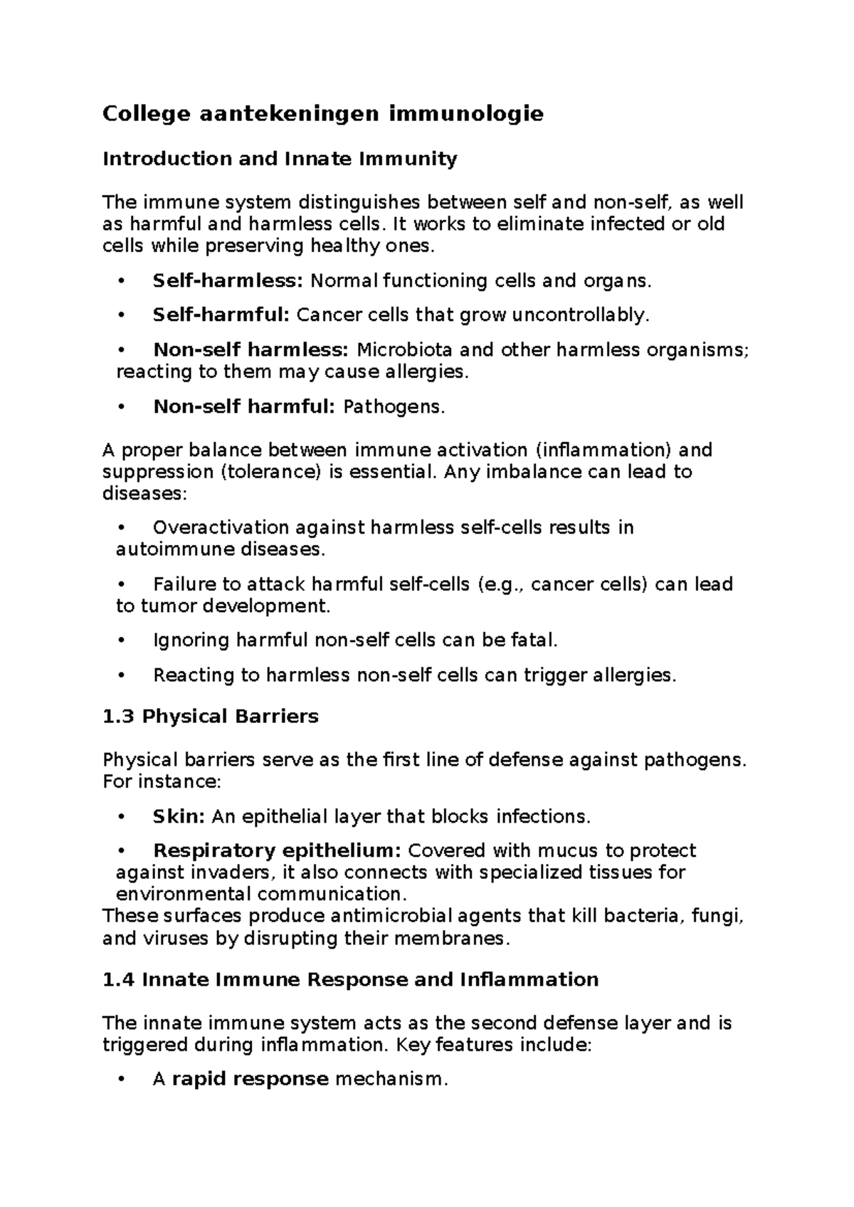 Aantekeningen college 1 - College aantekeningen immunologie ...