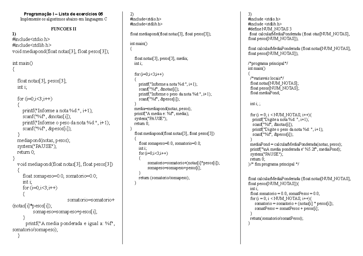 Resolução Lista de Exercícios 5.1 - Funções 03 - Programação I – Lista ...