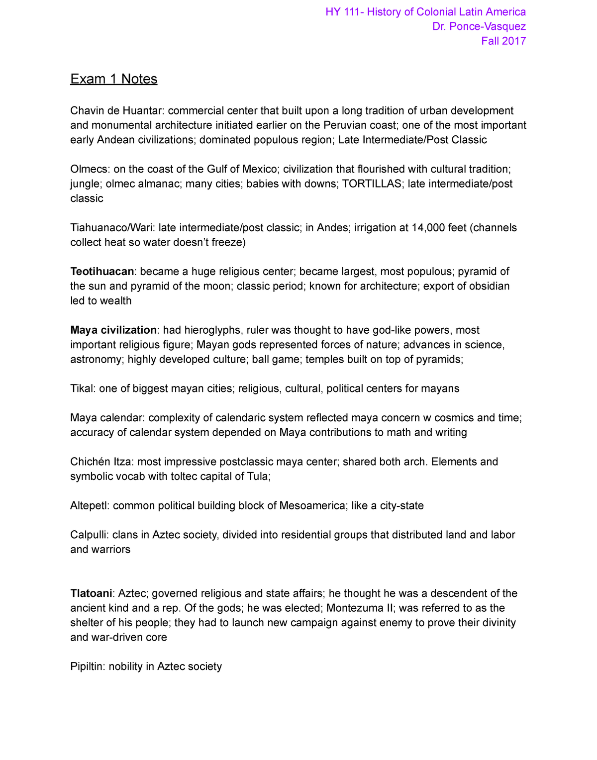 HY 111- History of Colonial Latin America EXAM Notes Study Guide- Dr ...