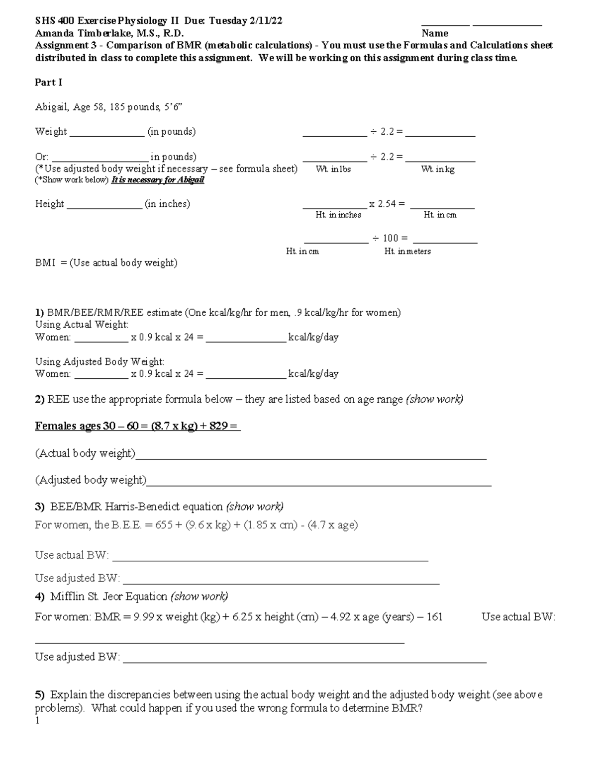 3 SHS 400 Assign #3 updated BMR - SHS 400 Exercise Physiology II Due: Tuesday 2/11/22 ...