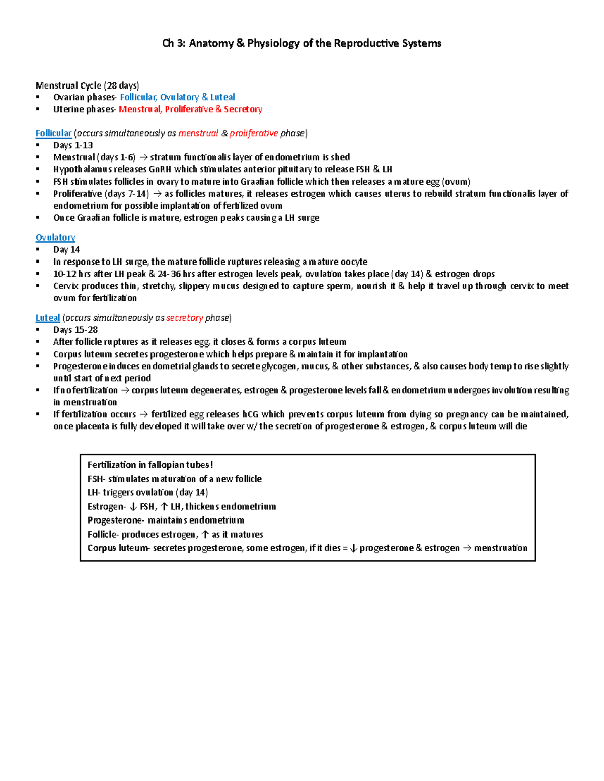 OB Theory 1 Notes - Ch 3: Anatomy & Physiology of the Reproductive ...