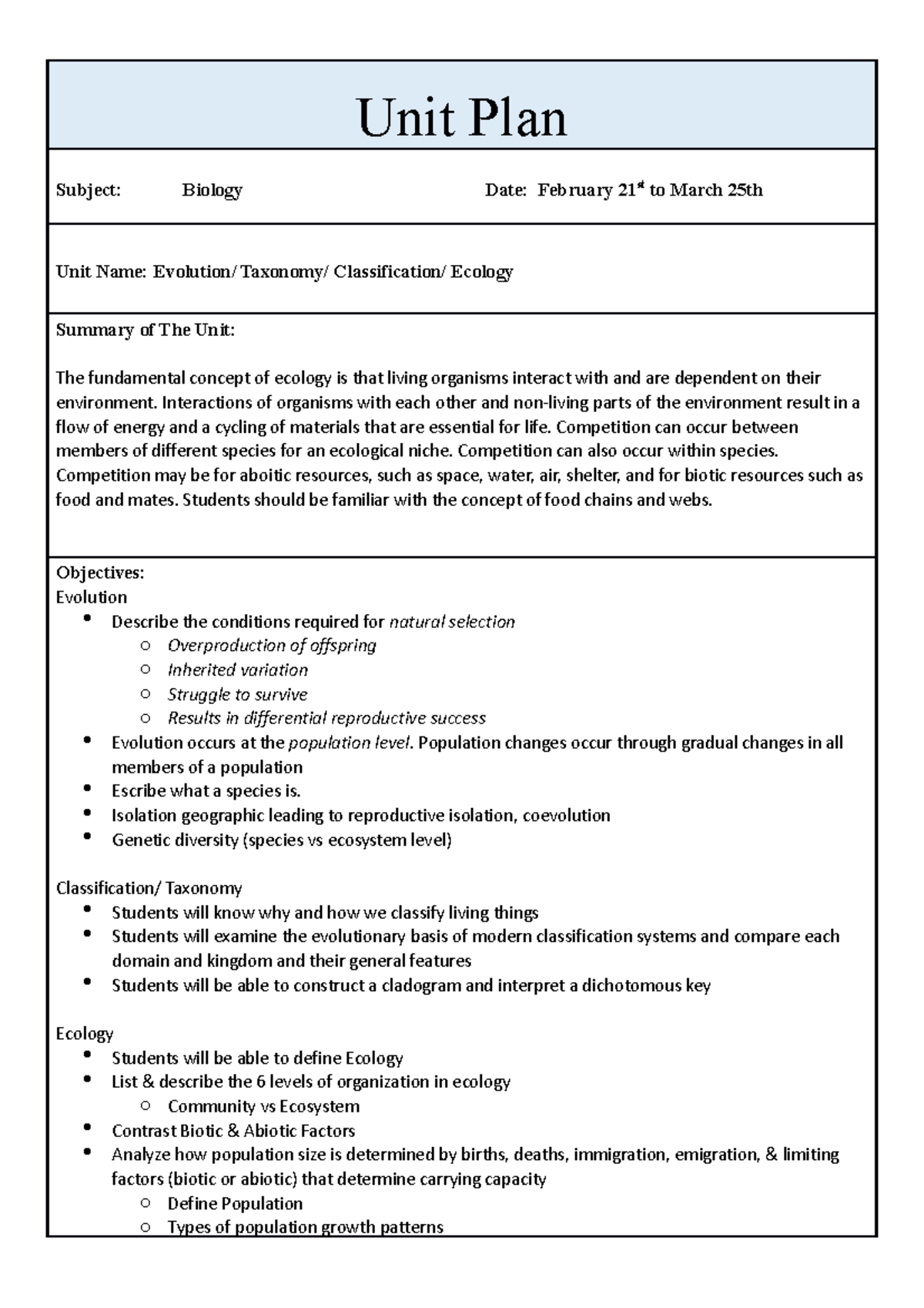 Unit 12 Lesson Plan Evolution, Taxonomy, Classification, and Ecology ...