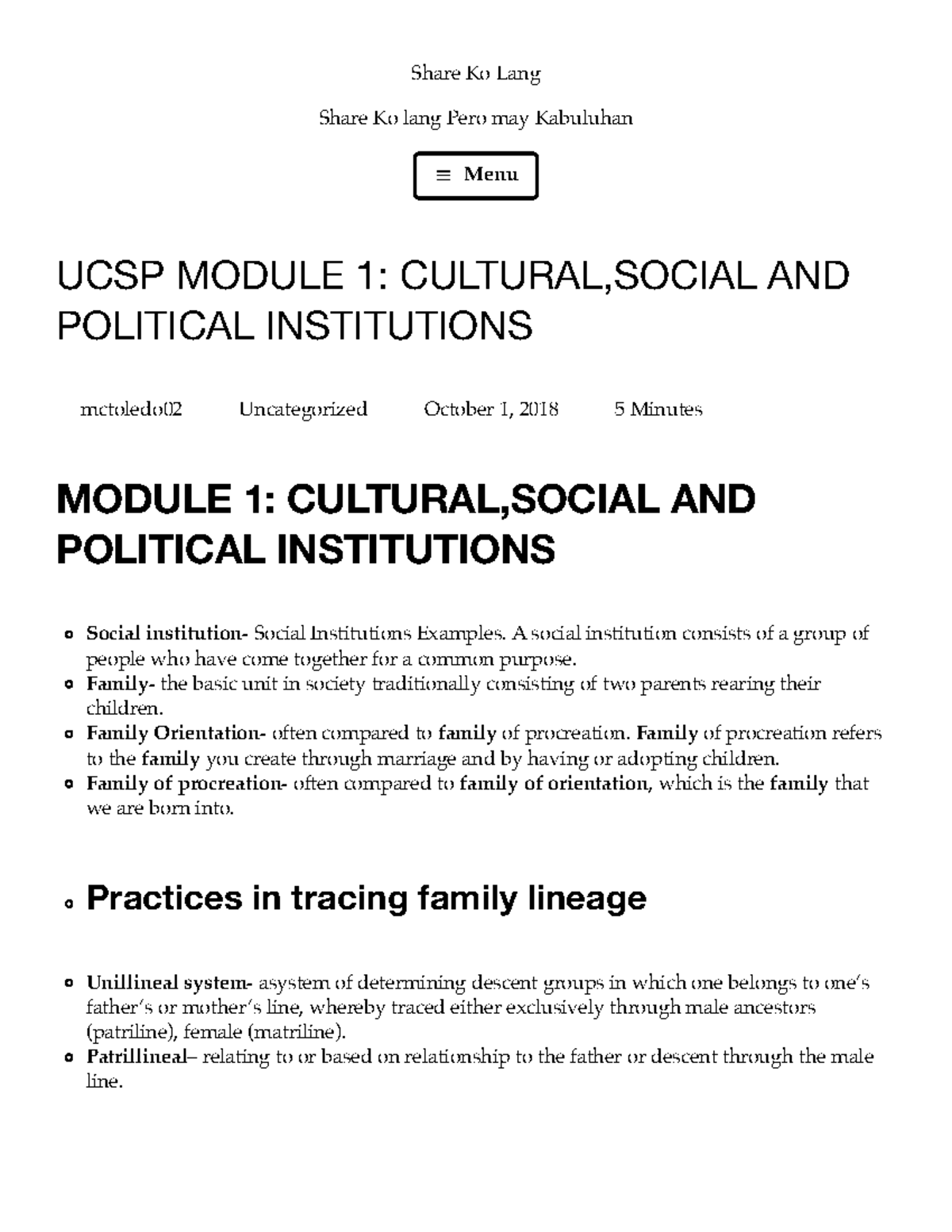 UCSP Module 1- Cultural, Social AND Political Institutions – Share Ko ...
