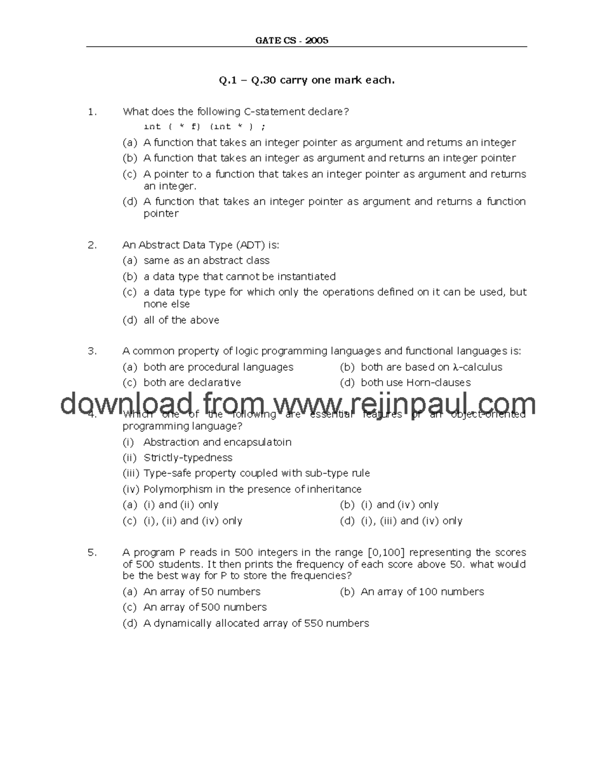 CS-2005 - Gate Paper of Computer Science Branch - - Studocu