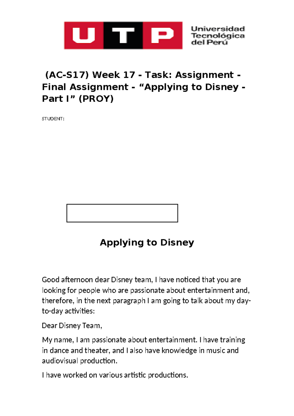 Applying to Disney - tarea 1 ingels 1 - (AC-S17) Week 17 - Task: Assignment - Final Assignment ...