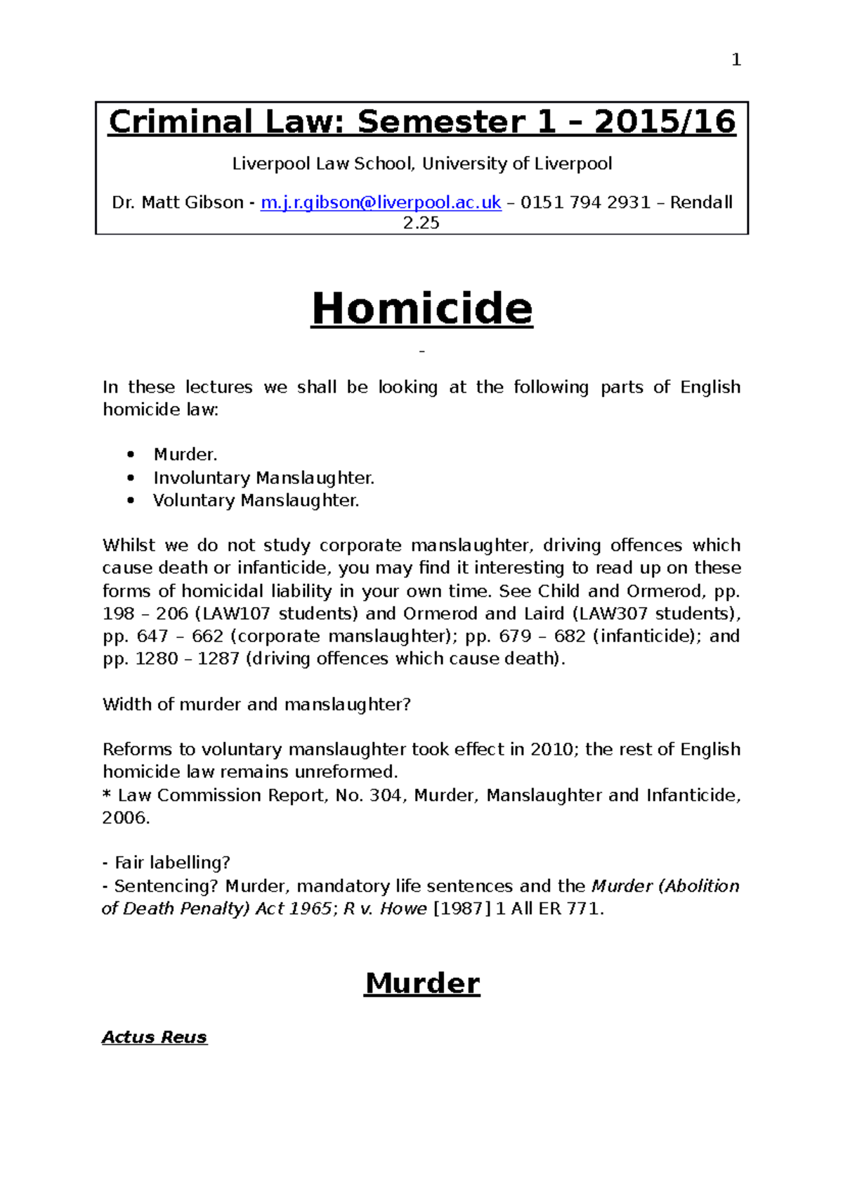 Homicide Handout - Criminal Law: Semester 1 – 2015 /1 6 Liverpool Law ...