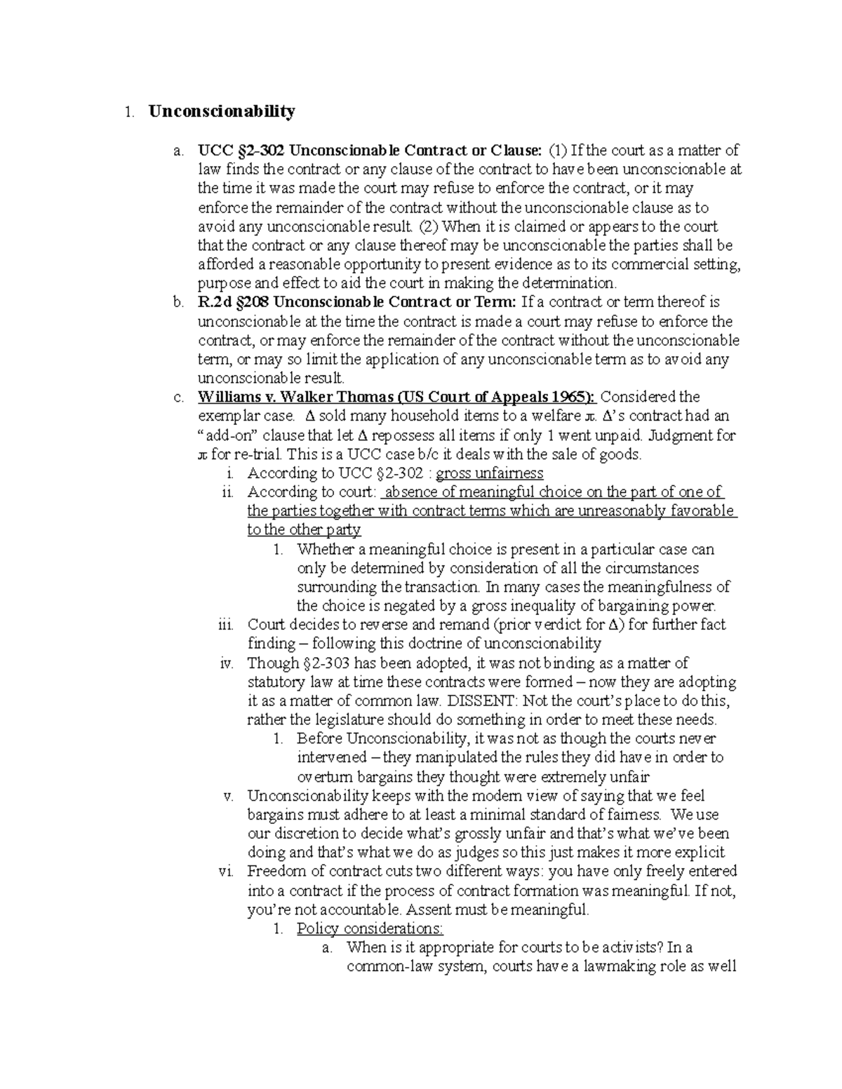 Contracts Law Outline - 3 - 1. Unconscionability a. UCC §2-302 ...
