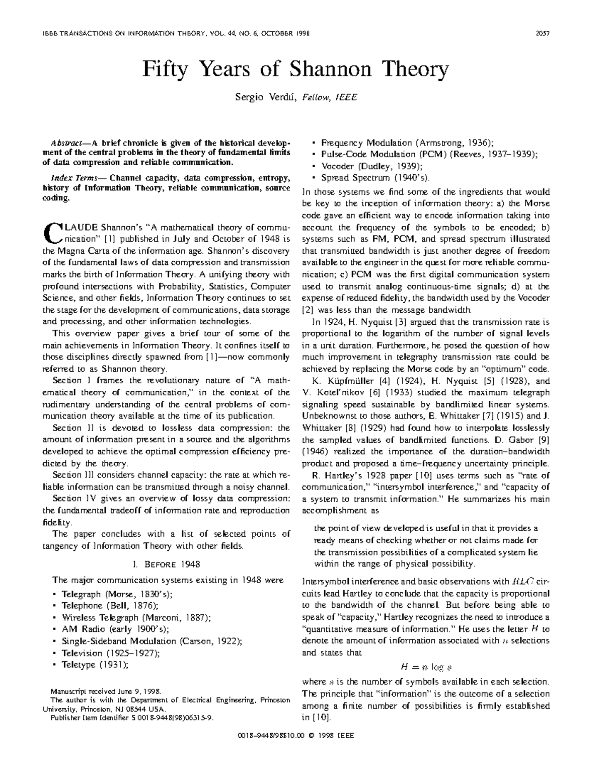 50 years of Shannon Theory - IEEE TRANSACTIONS ON INFORMATION THEORY, VOL. 44, NO. 6, OCTOBER ...