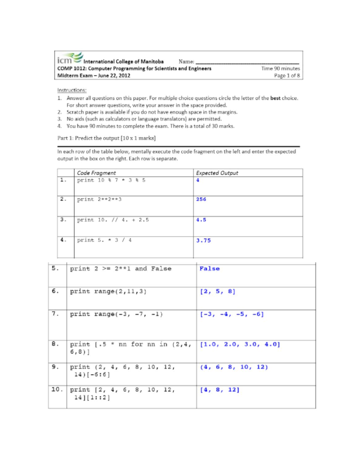 Midterm 2012, questions - COMP 1012 - Studocu