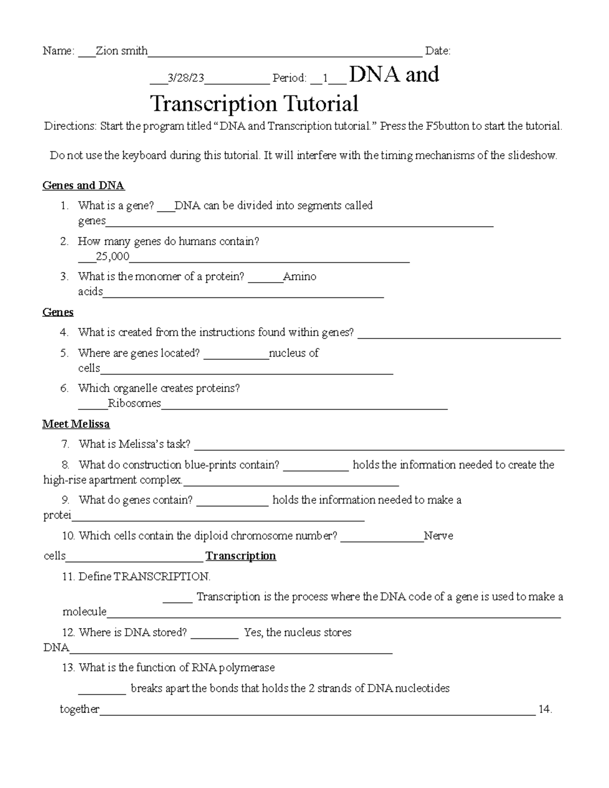 Dna and transcription tutorial - Name: Zion smith
