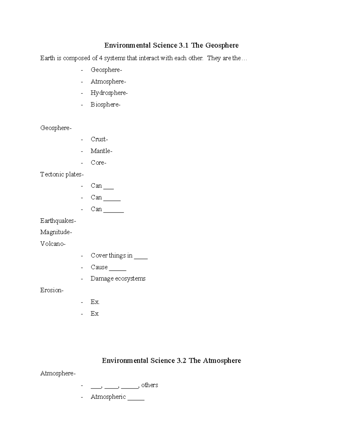ES 3 Notes Blank - Environmental Science 3 The Geosphere Earth is ...